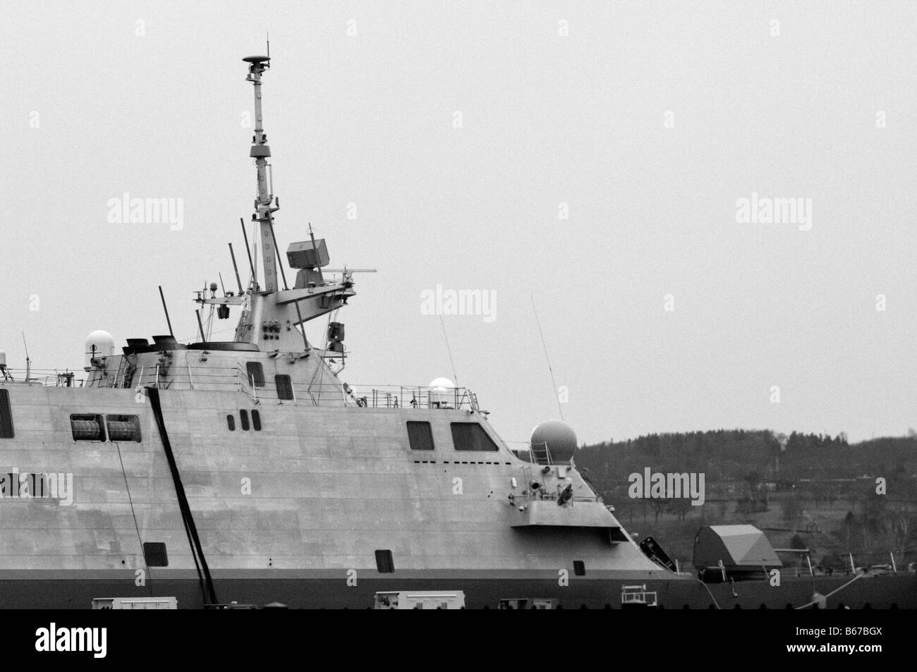 USS Freedom view of the superstructure and main mast, film grain effect ...