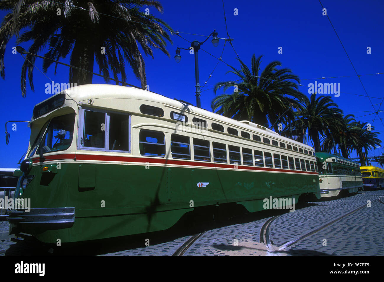 Old American trams at Fishermans Wharf San Francisco California USA ...