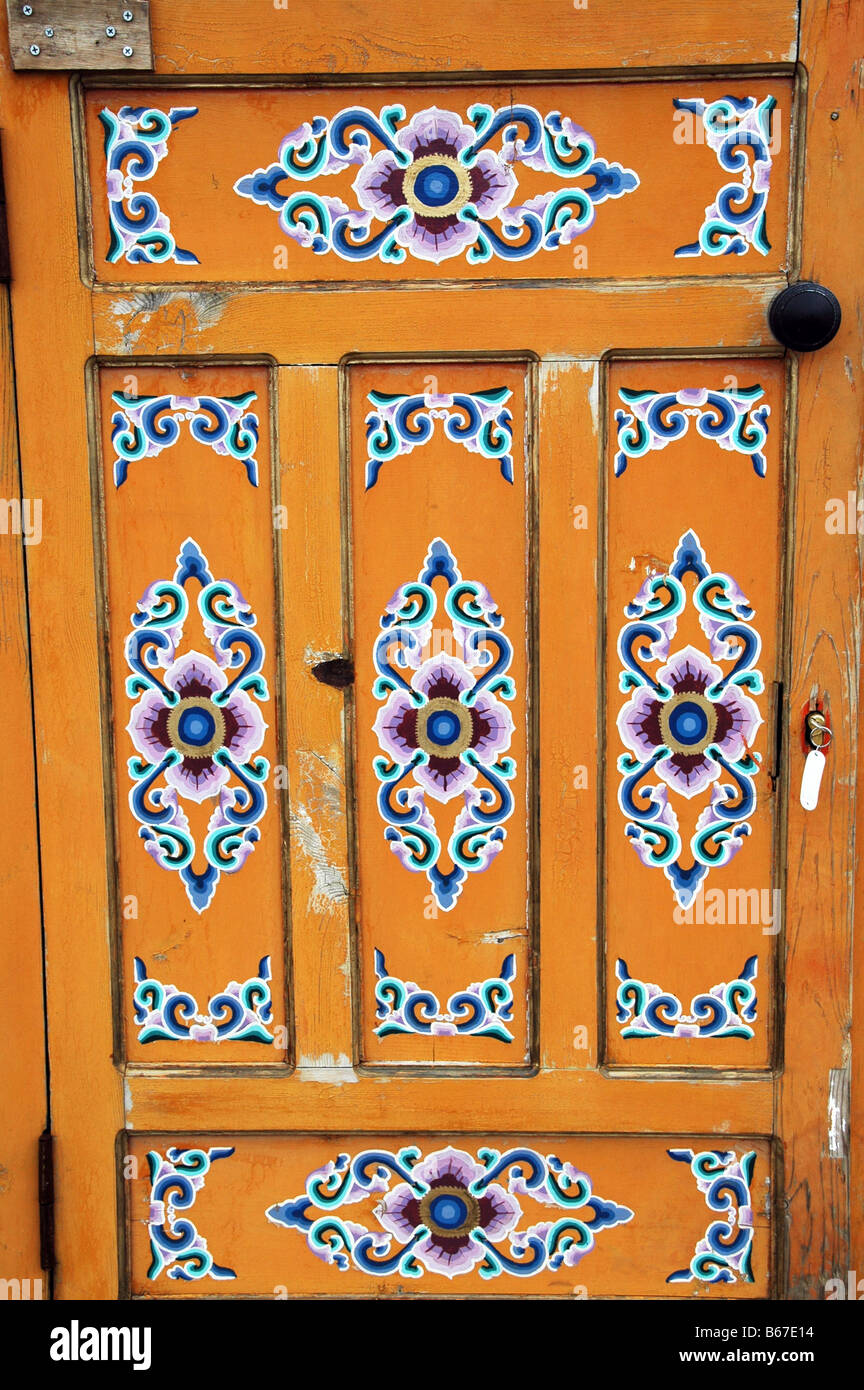 Highly decorated painted yurt door on the plains of Mongolia outside ...