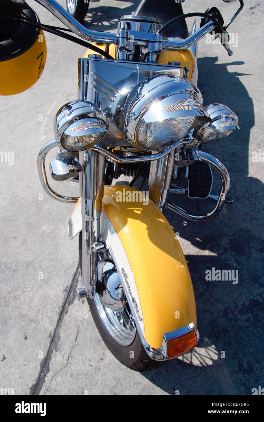 Birds eye view of yellow classic style Harley Davidson motorcycle Stock ...
