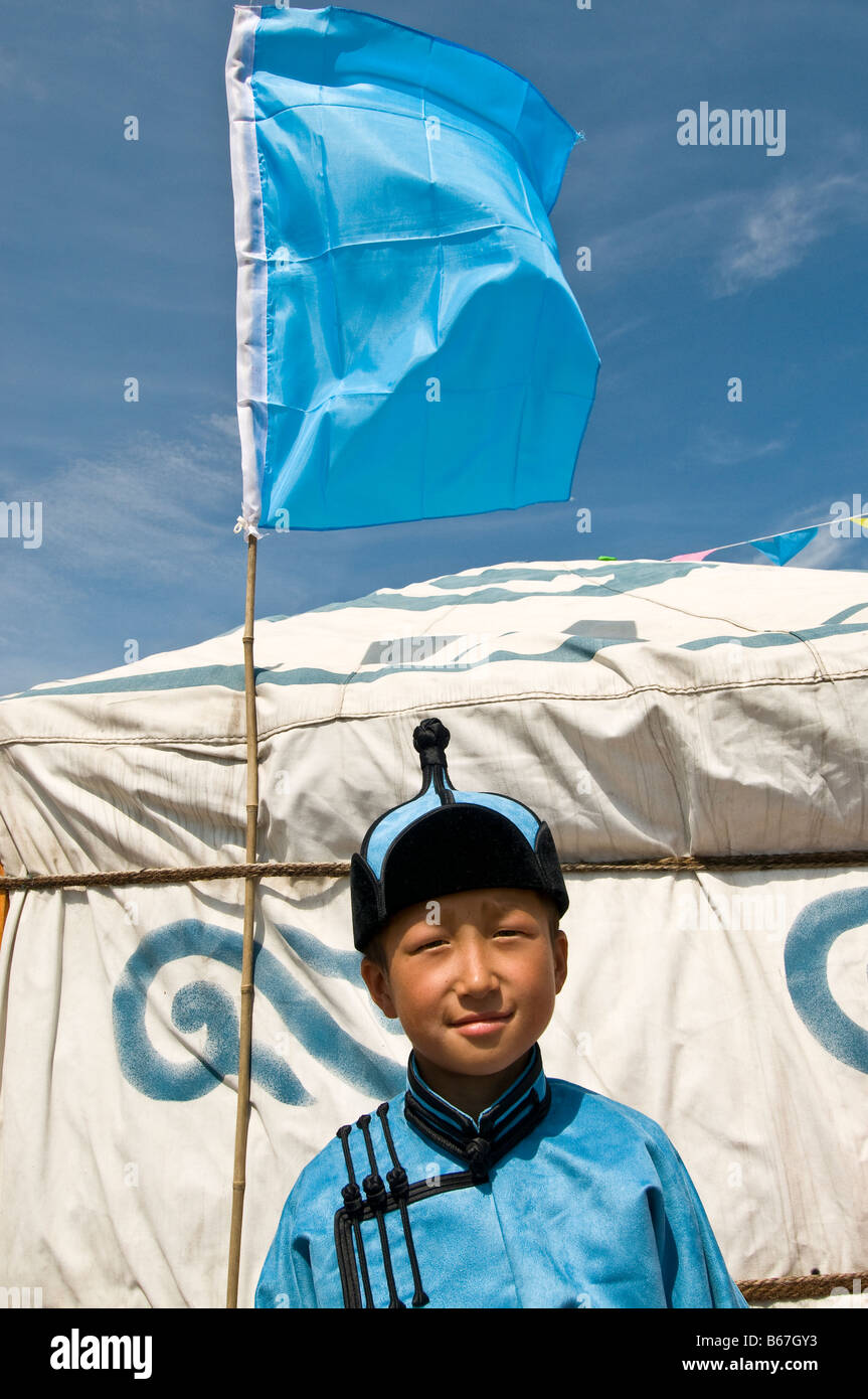 Traditionally dressed ethnic Mongolian child attends summertime Naadam ...