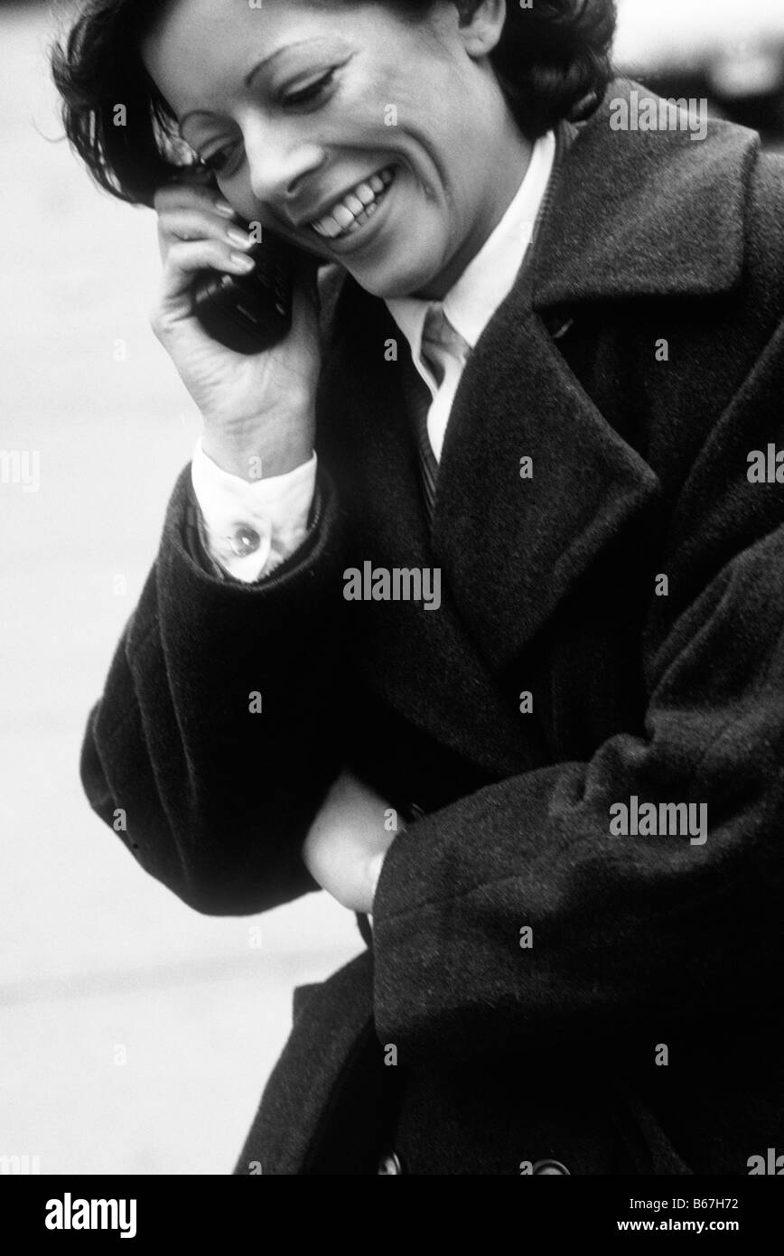 Mobile communication portrait lady using Black and White Stock Photos ...