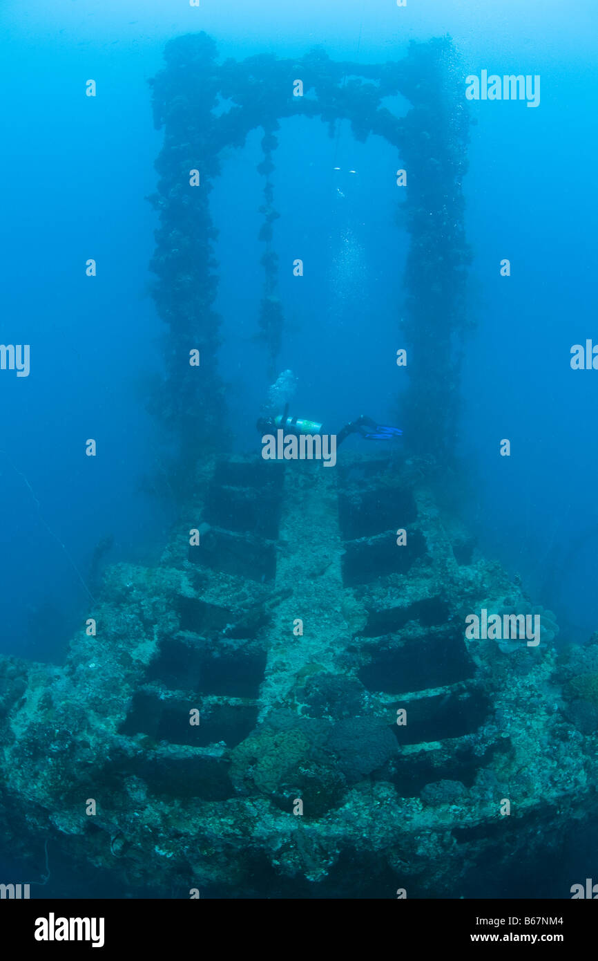 Diver over Bridge of Japanese Freighter Wreck Chuyo Maru Micronesia ...