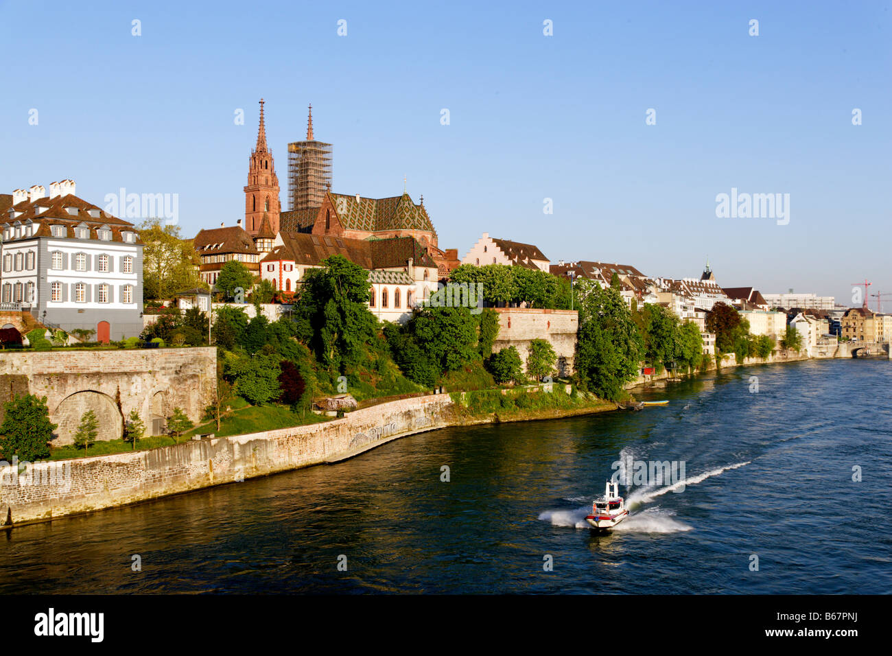 View of the River Rhine with Basel Muenster in the background, Basel ...