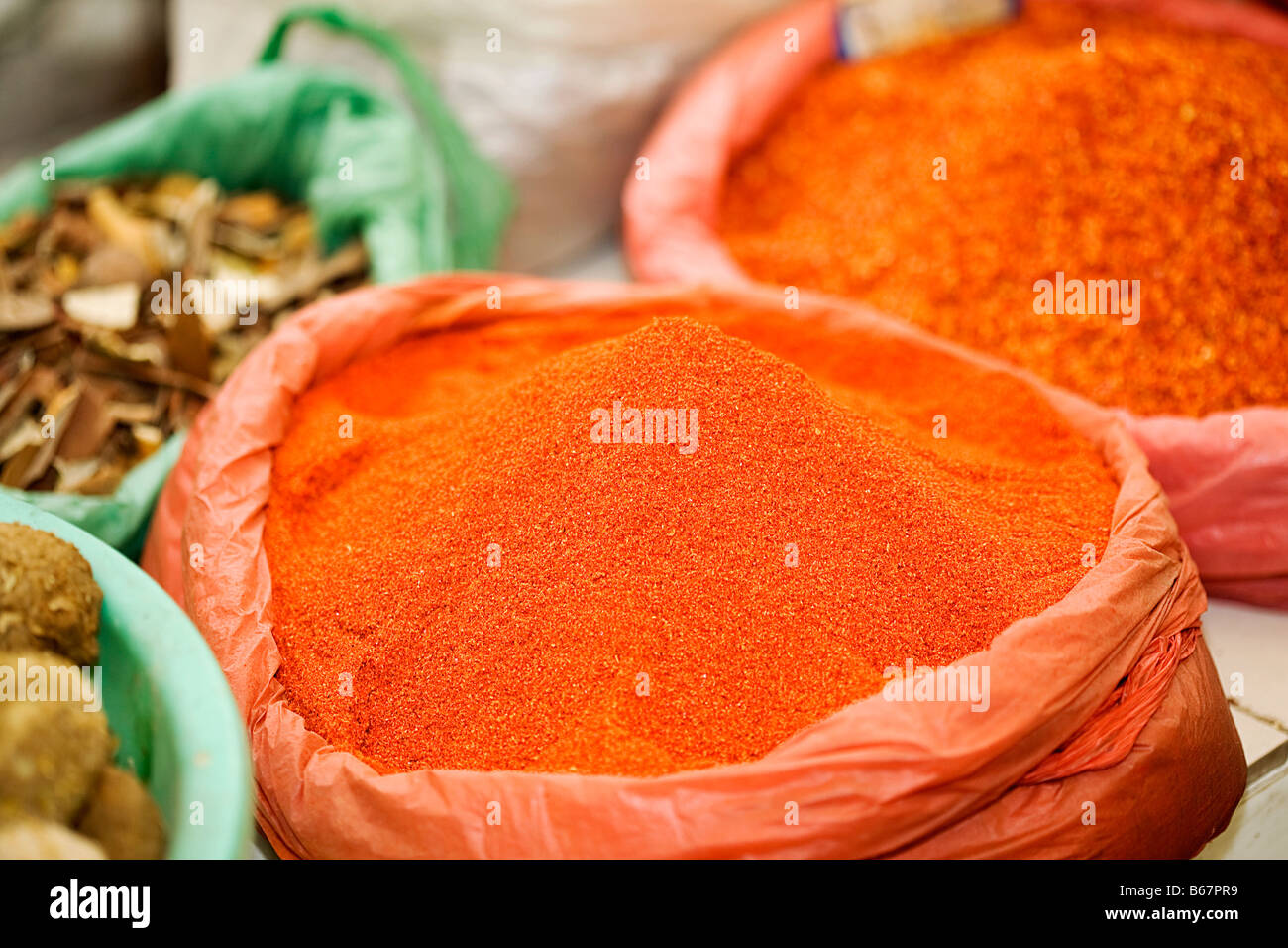 Sack of chili powder at a market stall, Tai'an, Shandong Province ...