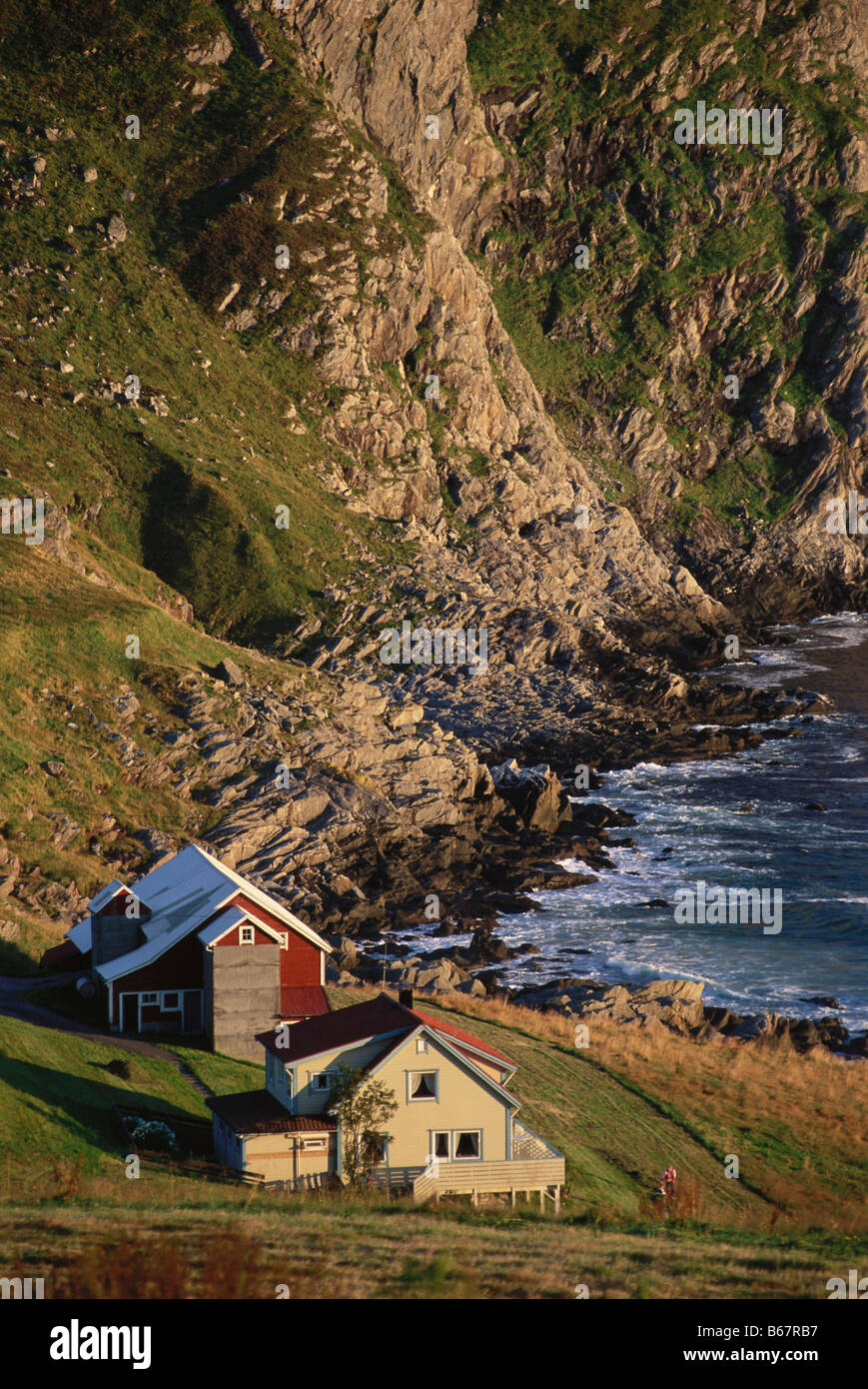 Coastal landscape with houses, Kvalheim Bay, Vasgoy, Norway Stock Photo ...