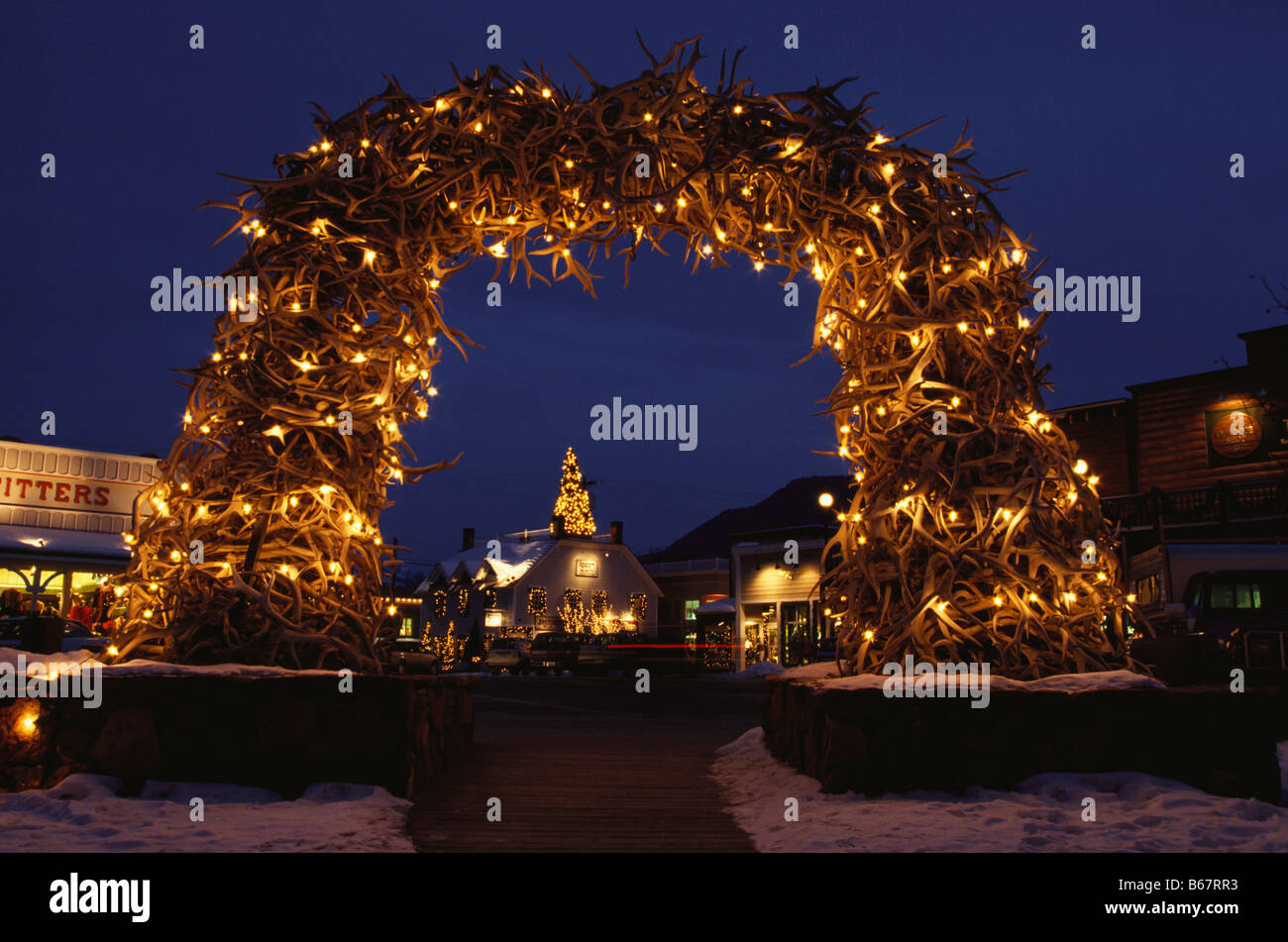 Christmas Decorations at Elk Antler Arch, Town Square, Jackson Hole ...