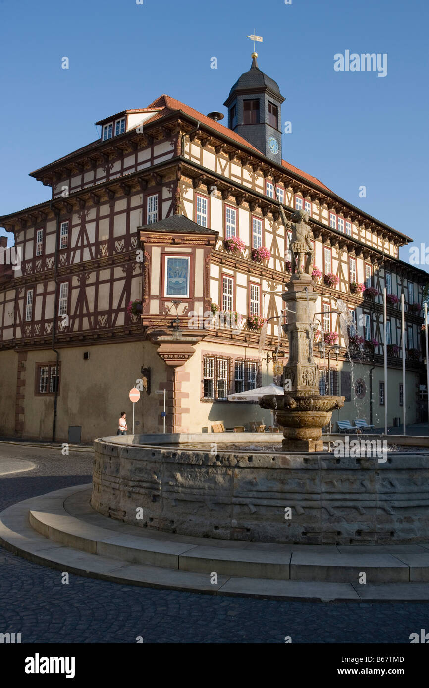 Fountain and Vacha Rathaus City Hall, Vacha, Rhoen, Thuringia, Germany ...