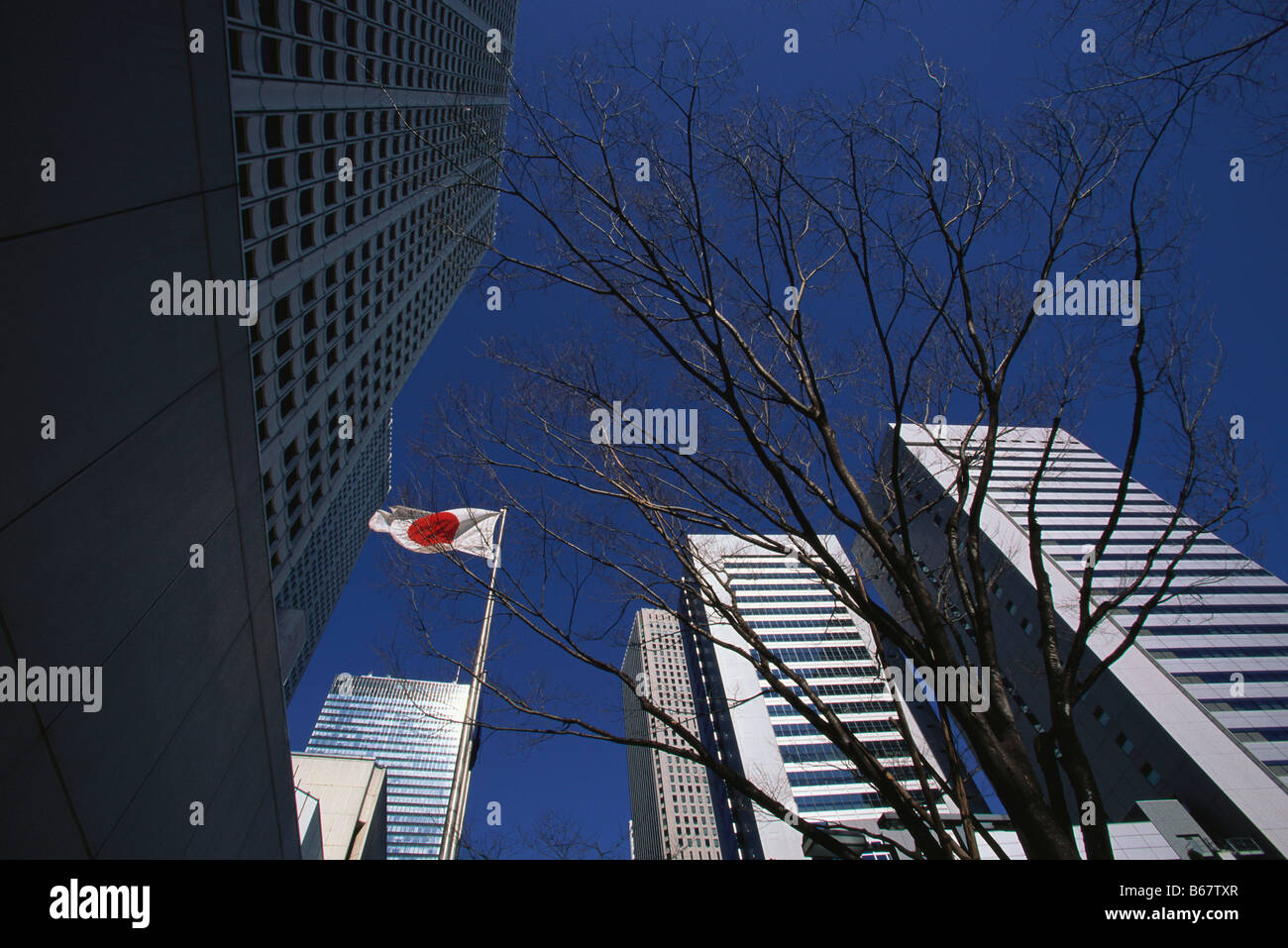 High rise buildings, skyscrapers with Japanese Flag, Tokyo, Japan Stock ...