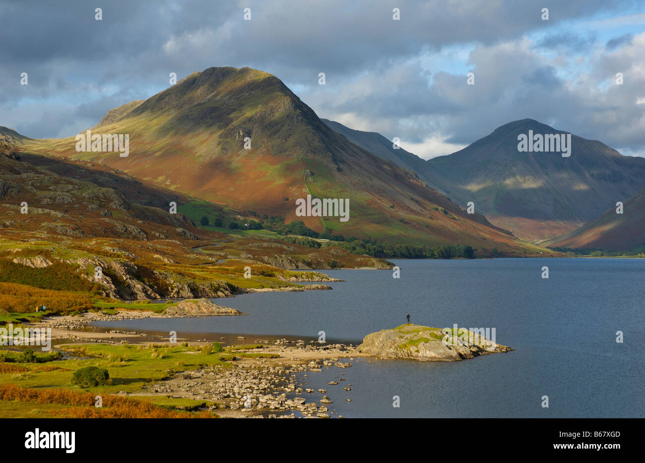 Man standing on promontory, Wastwater, Wasdale, Lake District National ...