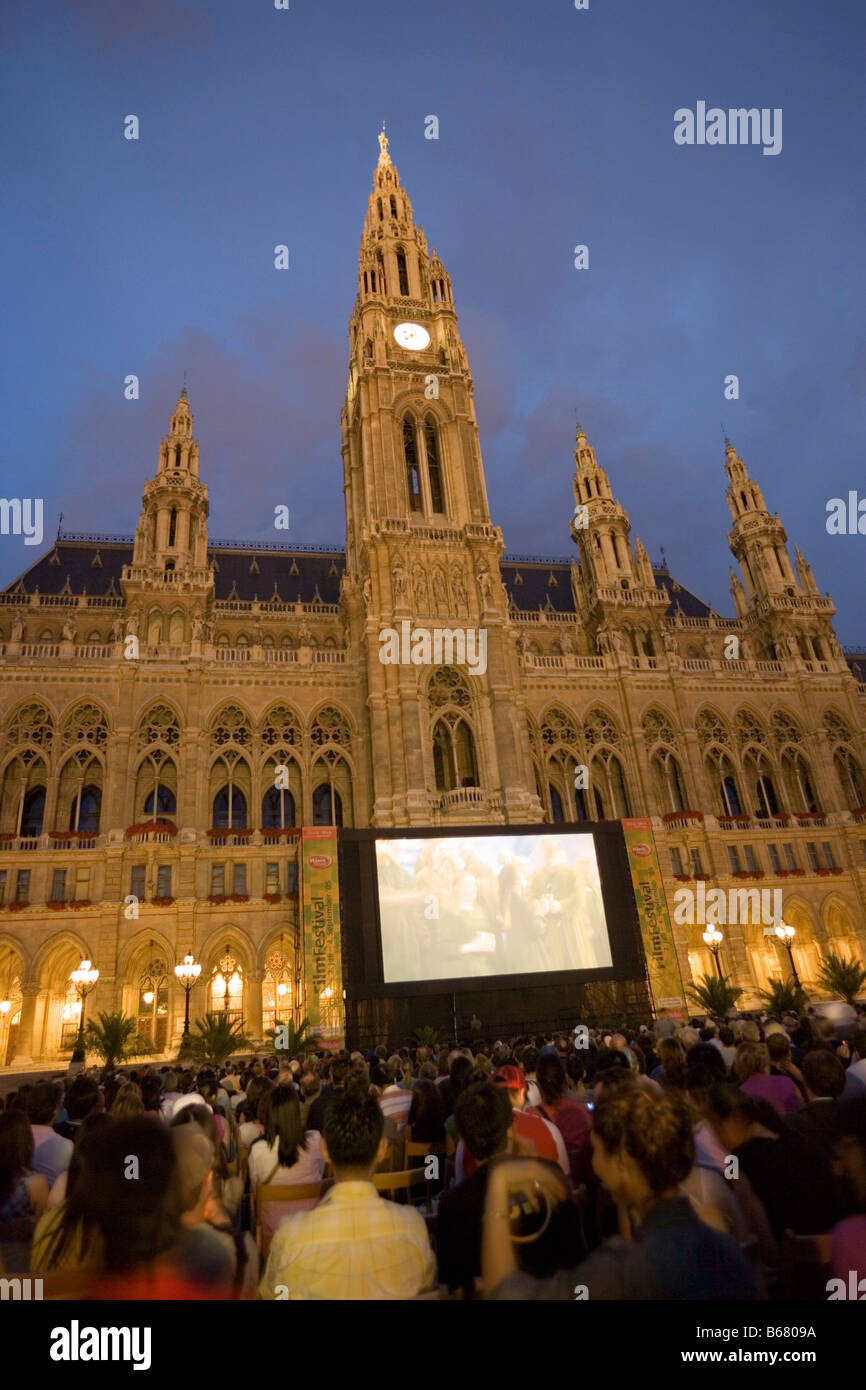 Open-air cinema during music film festival in front of city hall ...