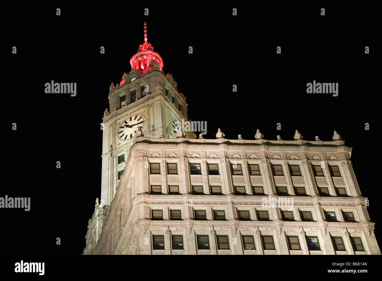 Wrigley Building Clock Tower at Night, Chicago, Illinois, USA Stock ...