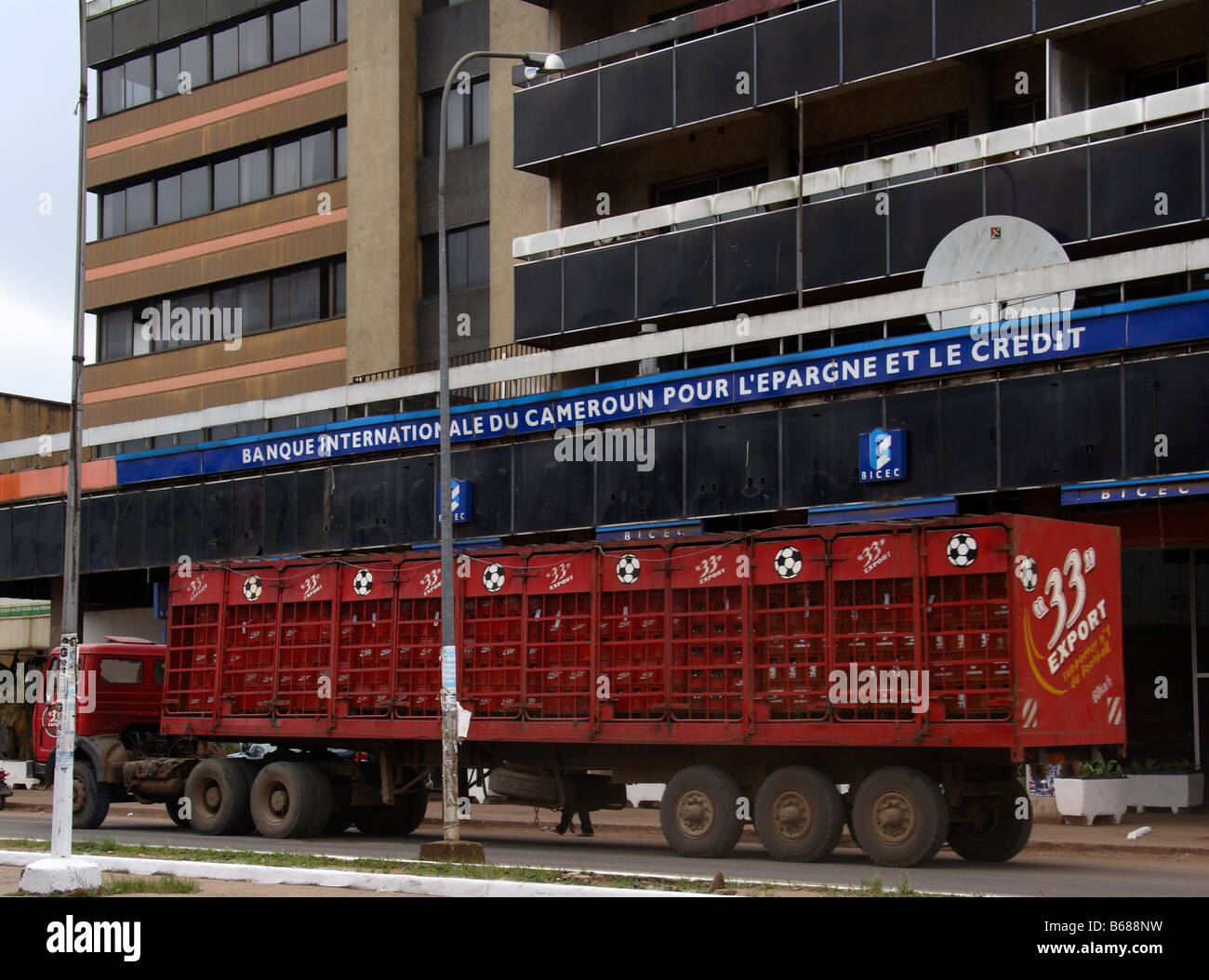 Beer delivery truck outside The International Bank of Cameroon for ...