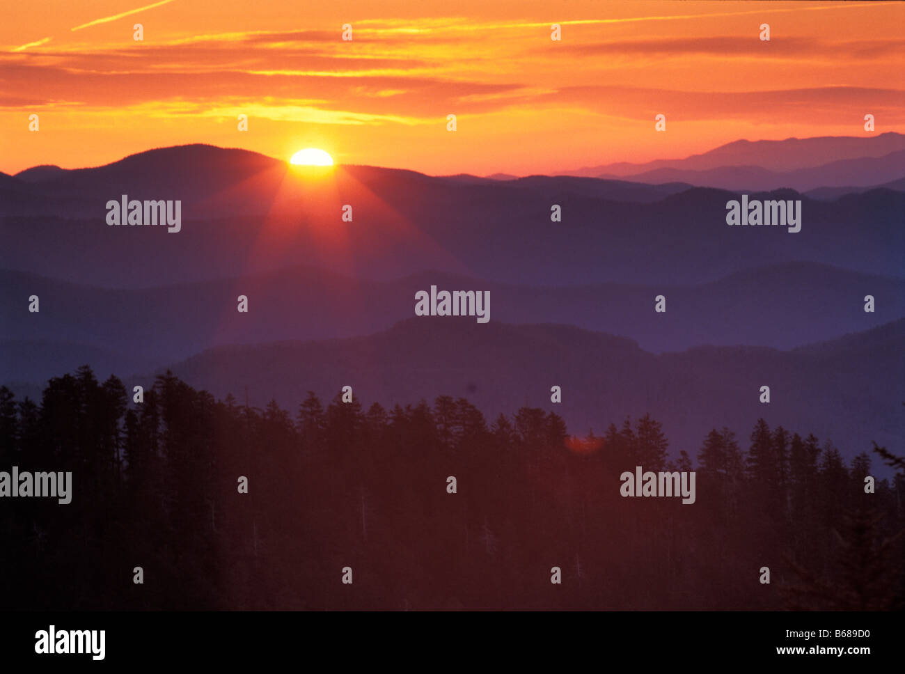Sunrise over Smoky Mountain ridge lines from Clingman's dome, on the ...