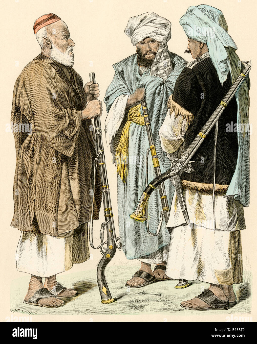 Armed Afghans prepared to defend the Khyber Pass. Hand-colored print ...