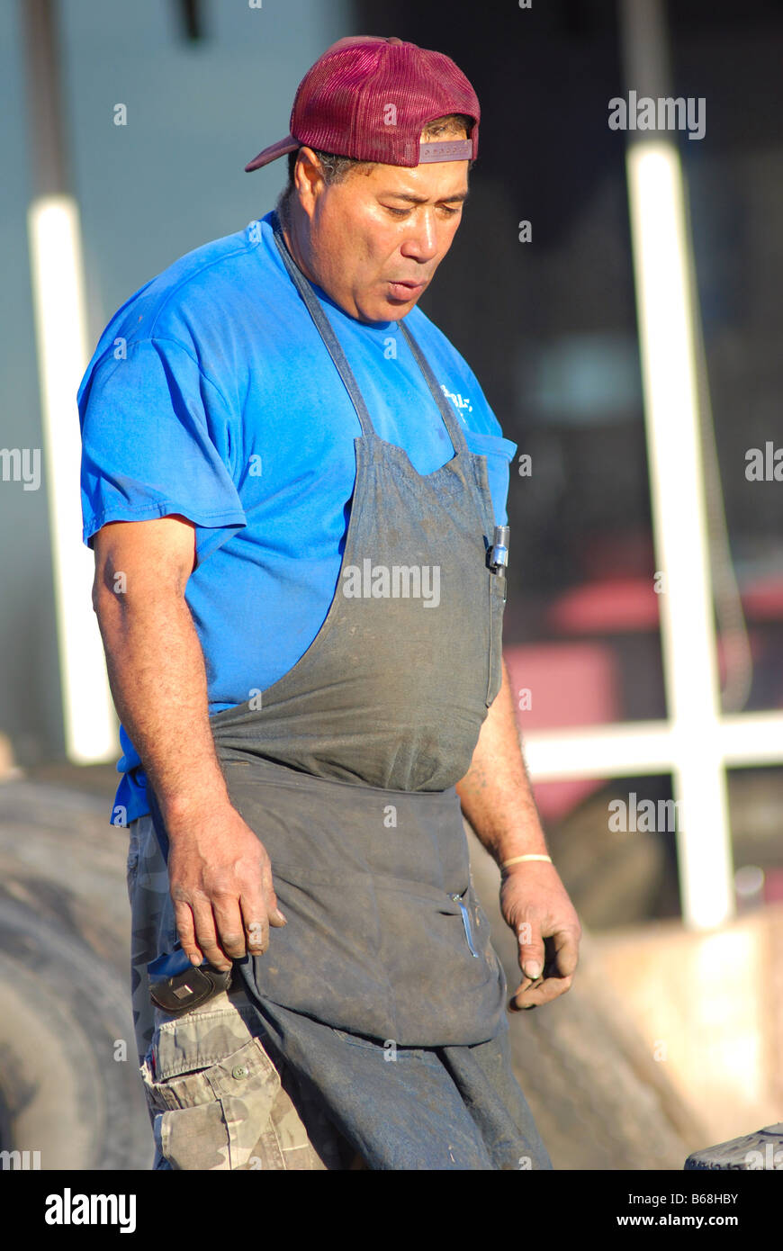 Tongan man working hard at an auto repair shop fixing a tire Stock ...