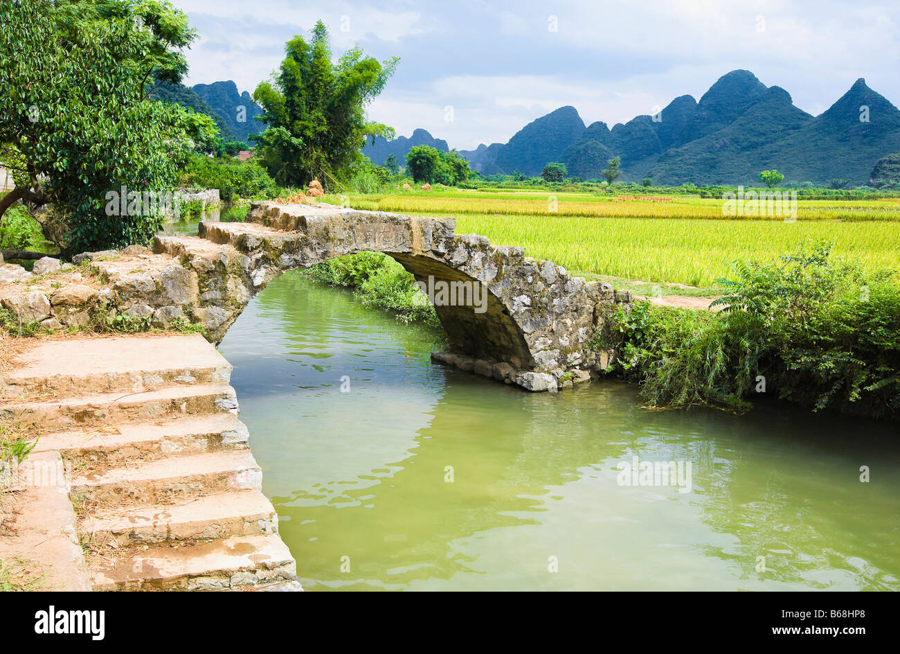 Footbridge over a river, Yangshuo, Guangxi Province, China Stock Photo ...