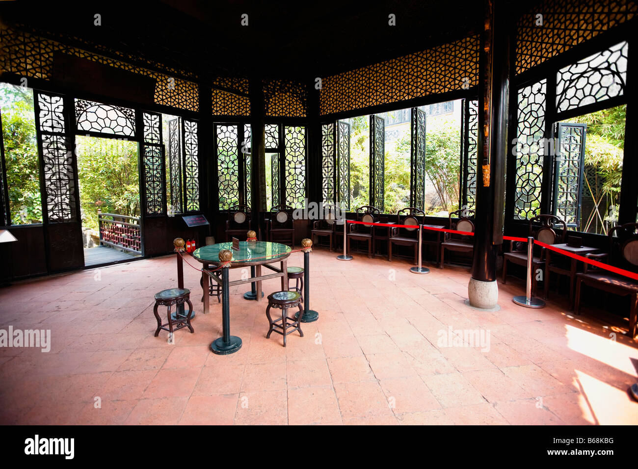 Empty table and stools in a gazebo, Yu Yin Shan Fang, Panyu, Guangzhou ...