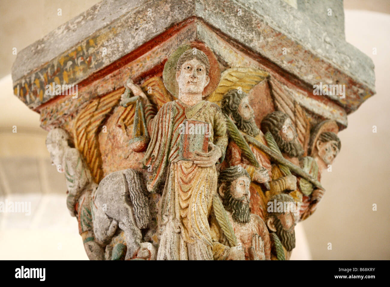 Sculpture on capital columns, Interior of Romanesque church (1080 ...