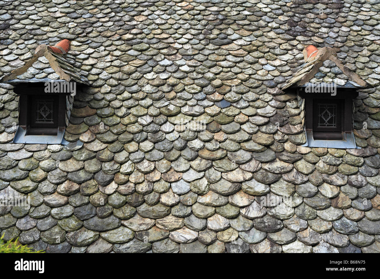 City architecture, country house with traditional slate roof, Conques ...