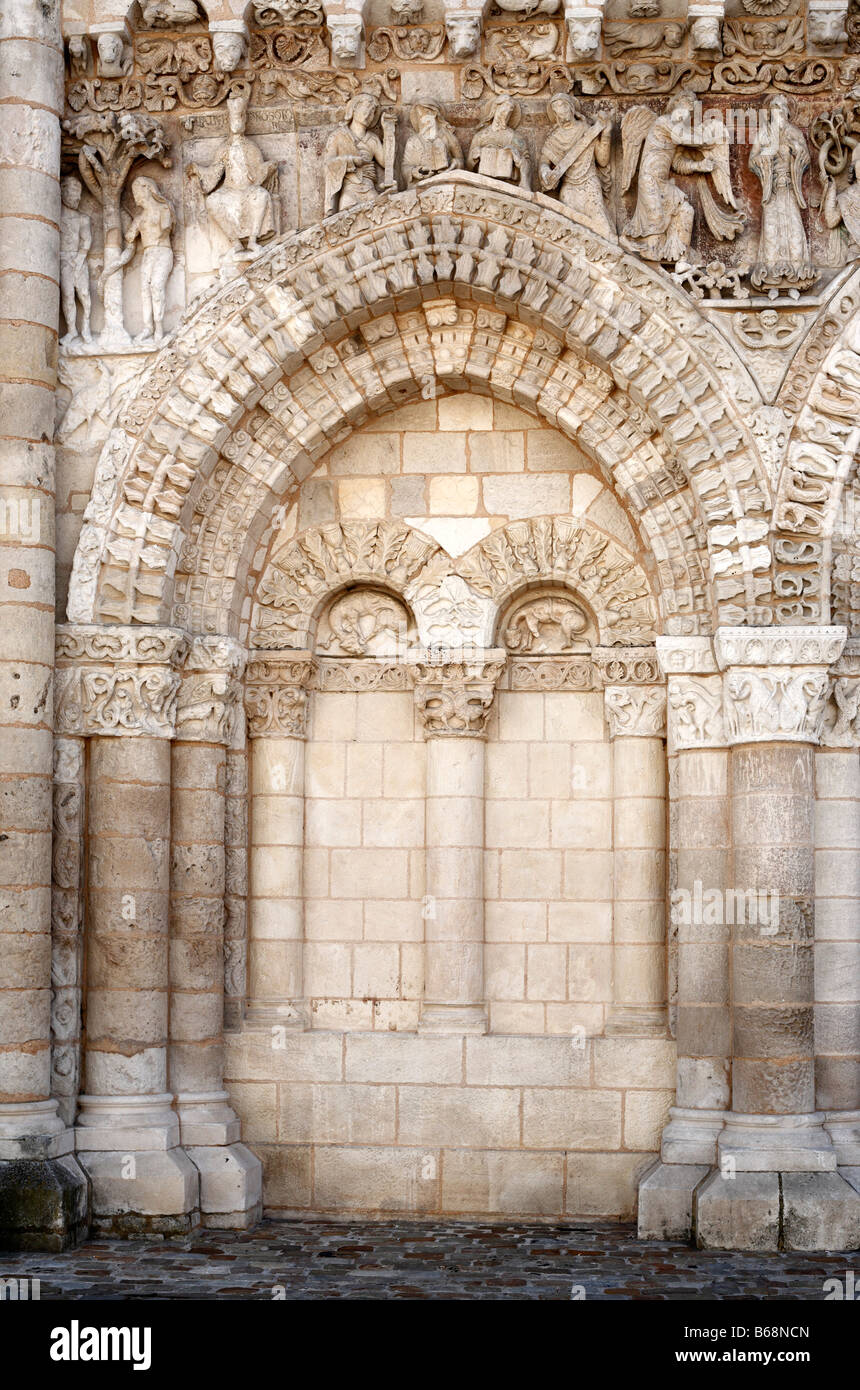 Romanesque stone bas relief on portal of the cathedral Notre Dame la ...