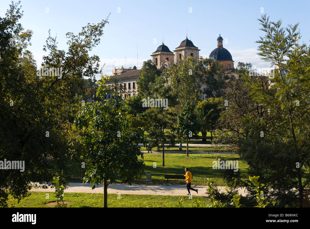 View accross the Turia park to Palacio de Cervello in the historical ...
