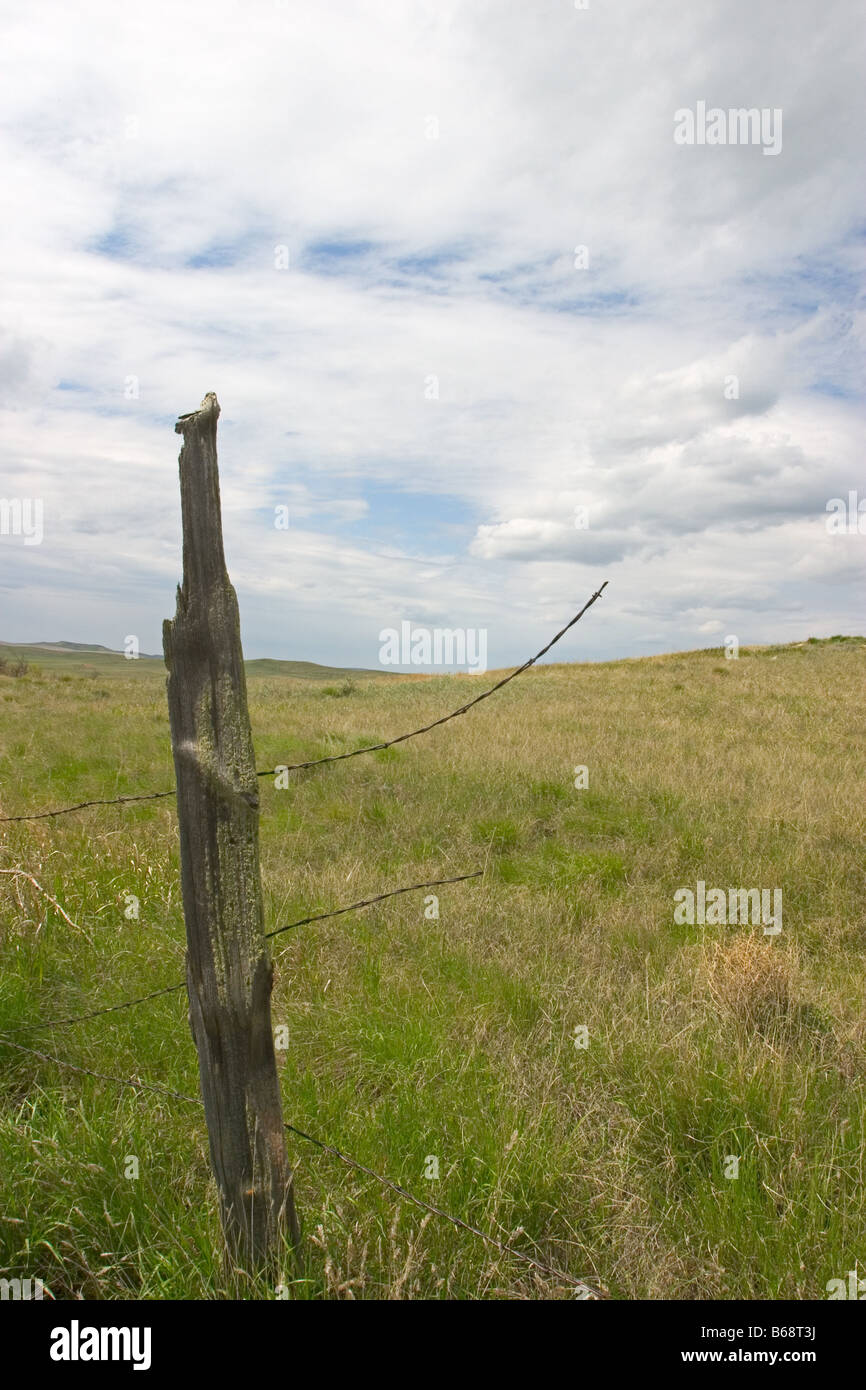 A rustic fencepost and barbed wire on the plains of the western US ...