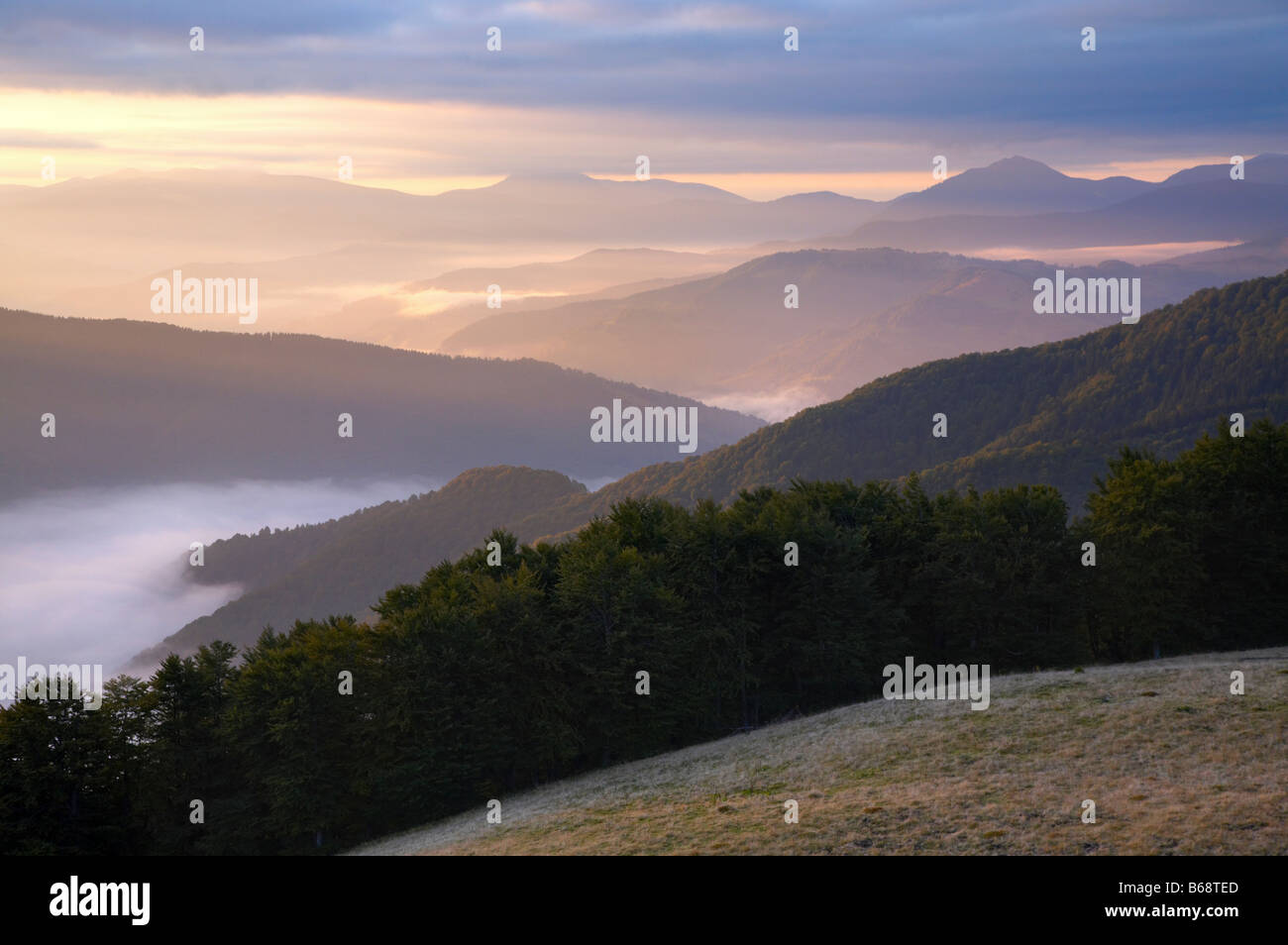 Autumn morning mountain view with sunbeam and haze Stock Photo - Alamy