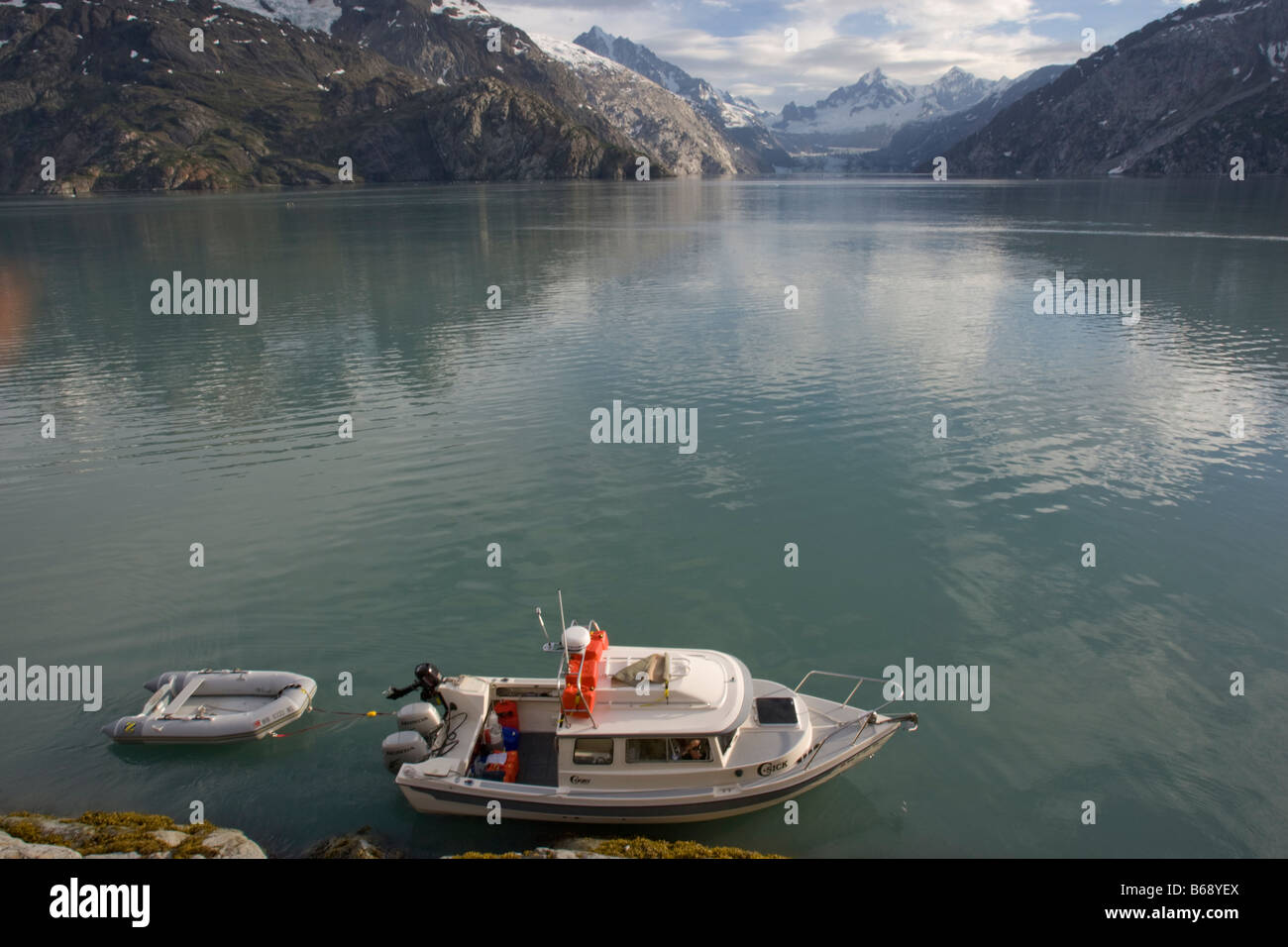 USA Alaska Glacier Bay National Park C Dory boat near entrance to Johns ...