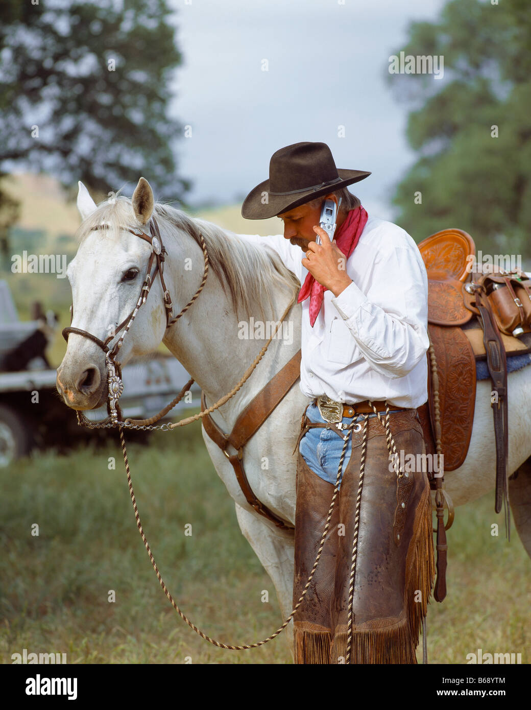 Cowboy using cell phone on a working ranch in Montana Stock Photo - Alamy