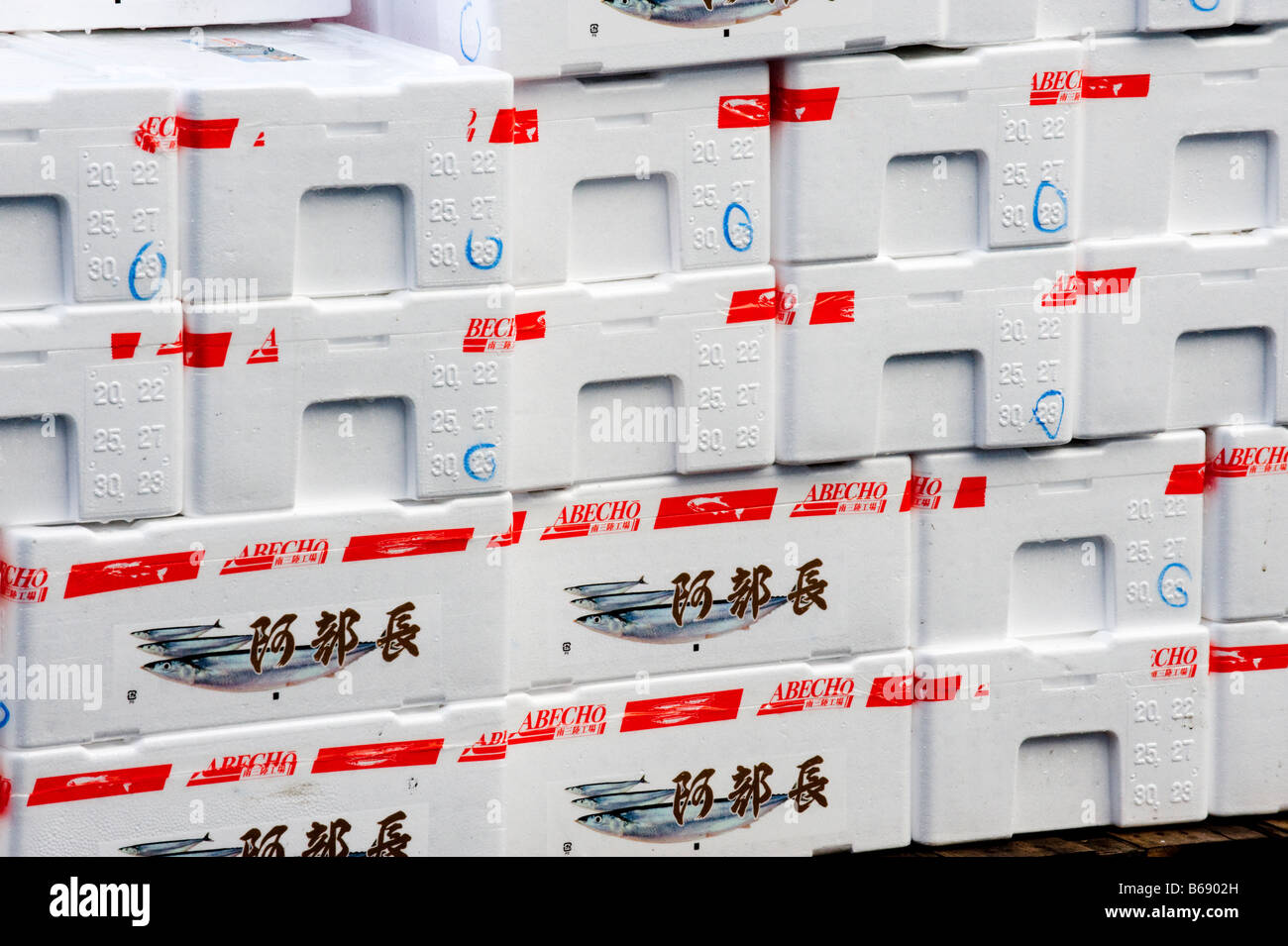 Detail of boxes of fish at The Tsukiji Fish Market in Tokyo, Japan ...
