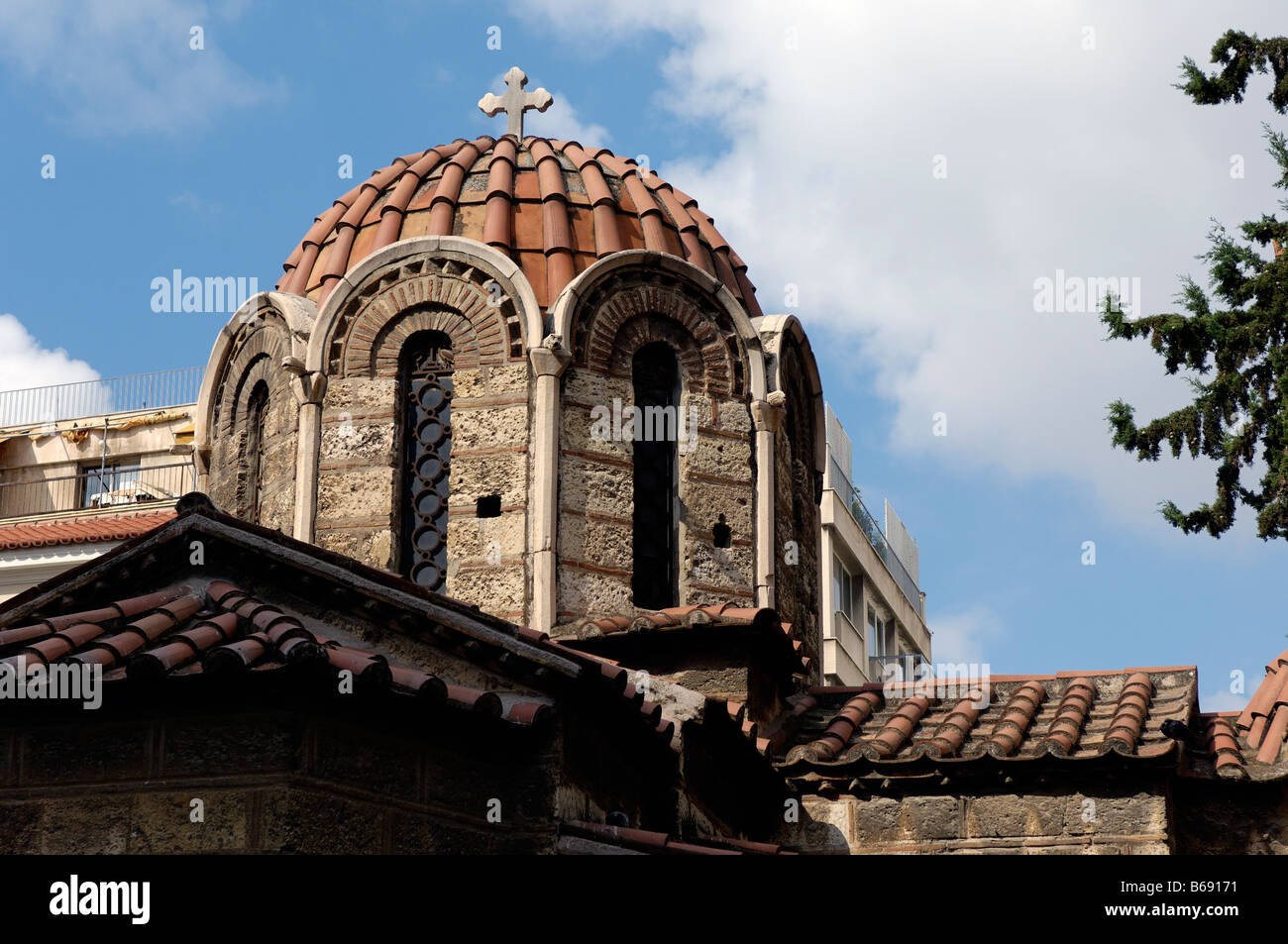 The tower of Greek Orthodox church Agia Ekaterini in Plaka, the old ...