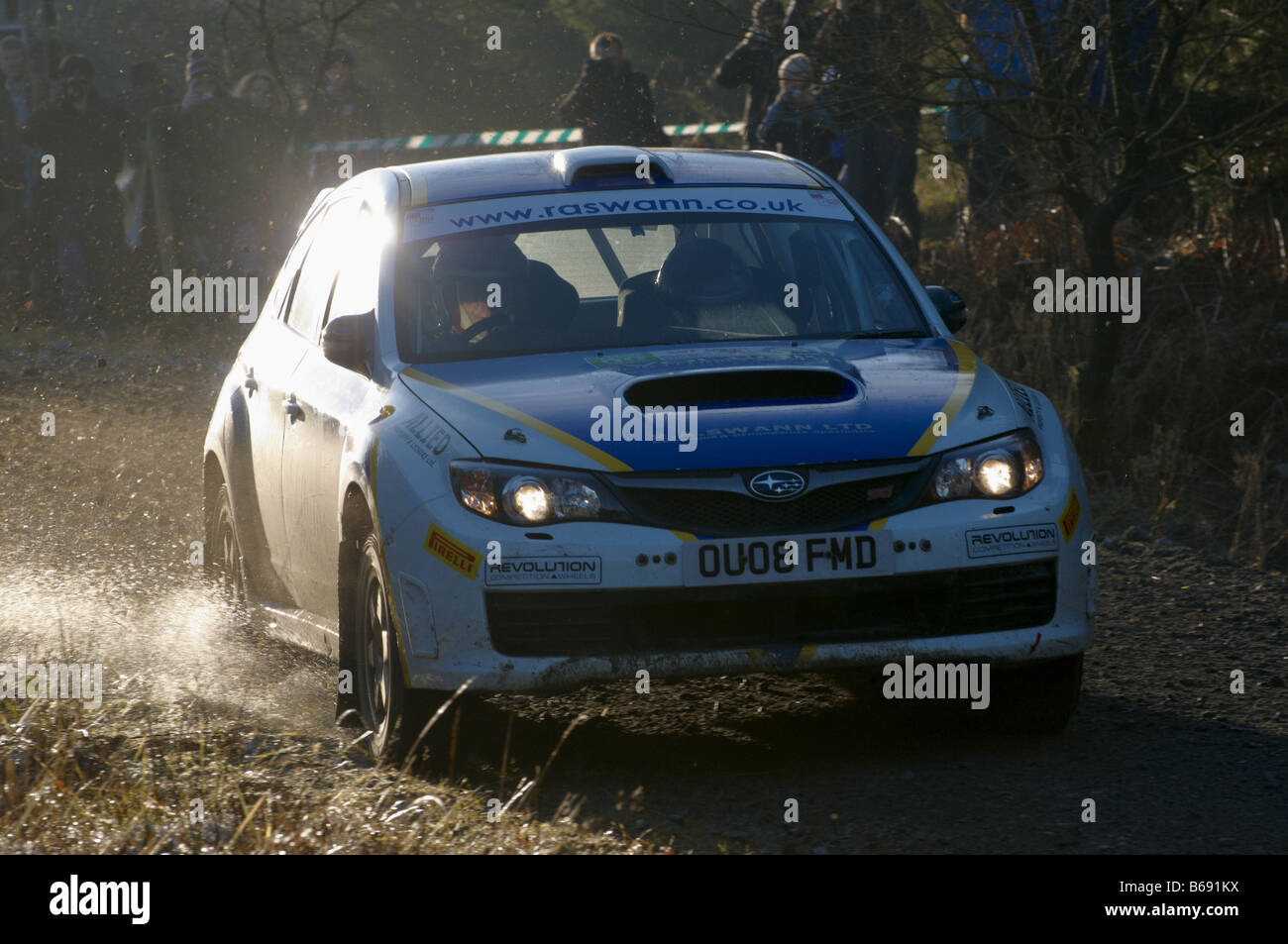 Rally Car on a special forest stage of a motor sport rally. Grizedale ...