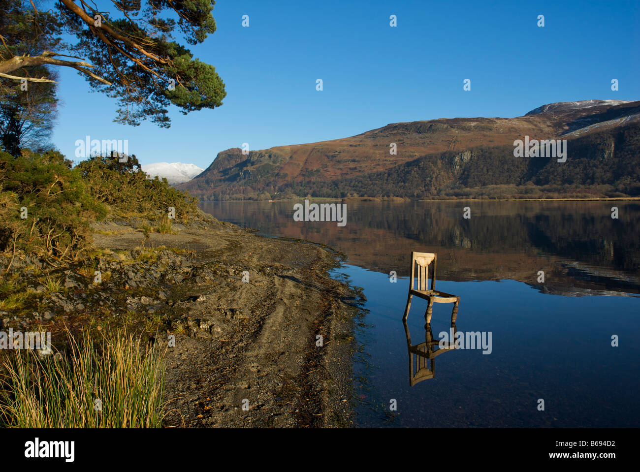 Chair abandoned in Derwent Water, Lake District National Park, Cumbria ...