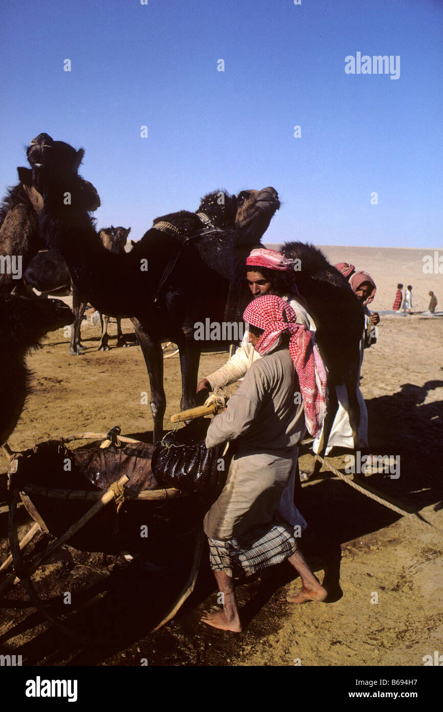 Saudi Arabia. Al Murrah Bedouin children carrying water containers from a well in the desert to ...