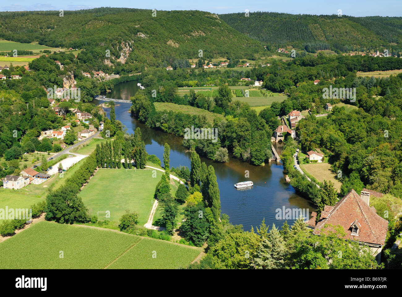 View of the River Lot with lock and old mill from Saint Cirq Lapopie ...