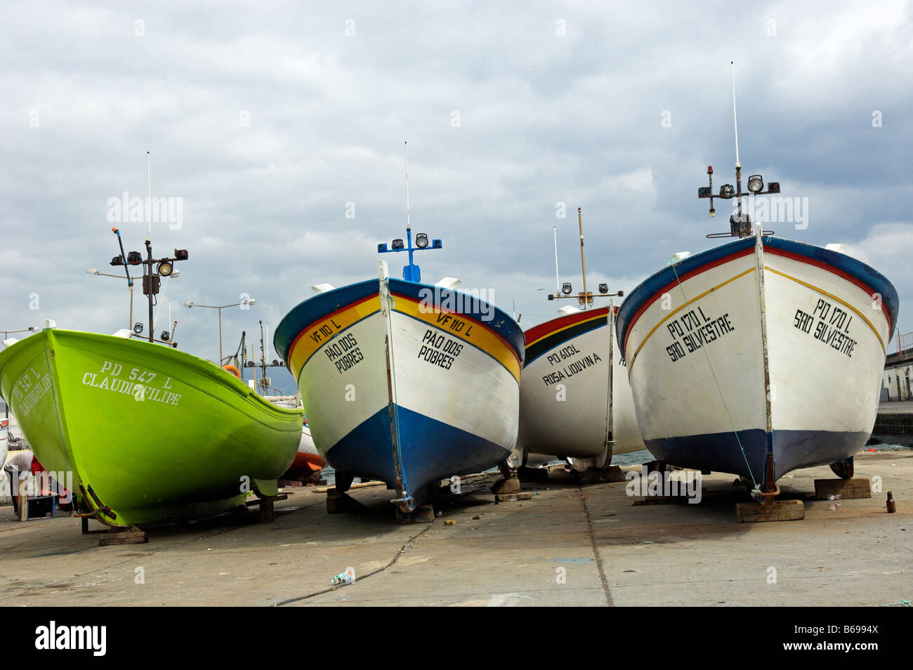 Boats in drydock slipway harbour of Ponta Delgada Sao Miguel Island ...