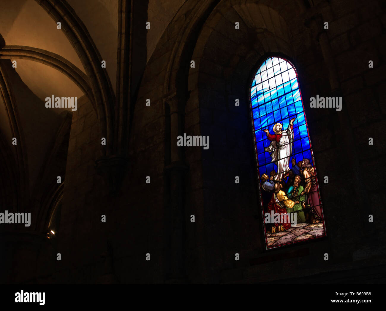Stained glass window in 13th century alcove of Hexham Abbey Stock Photo ...