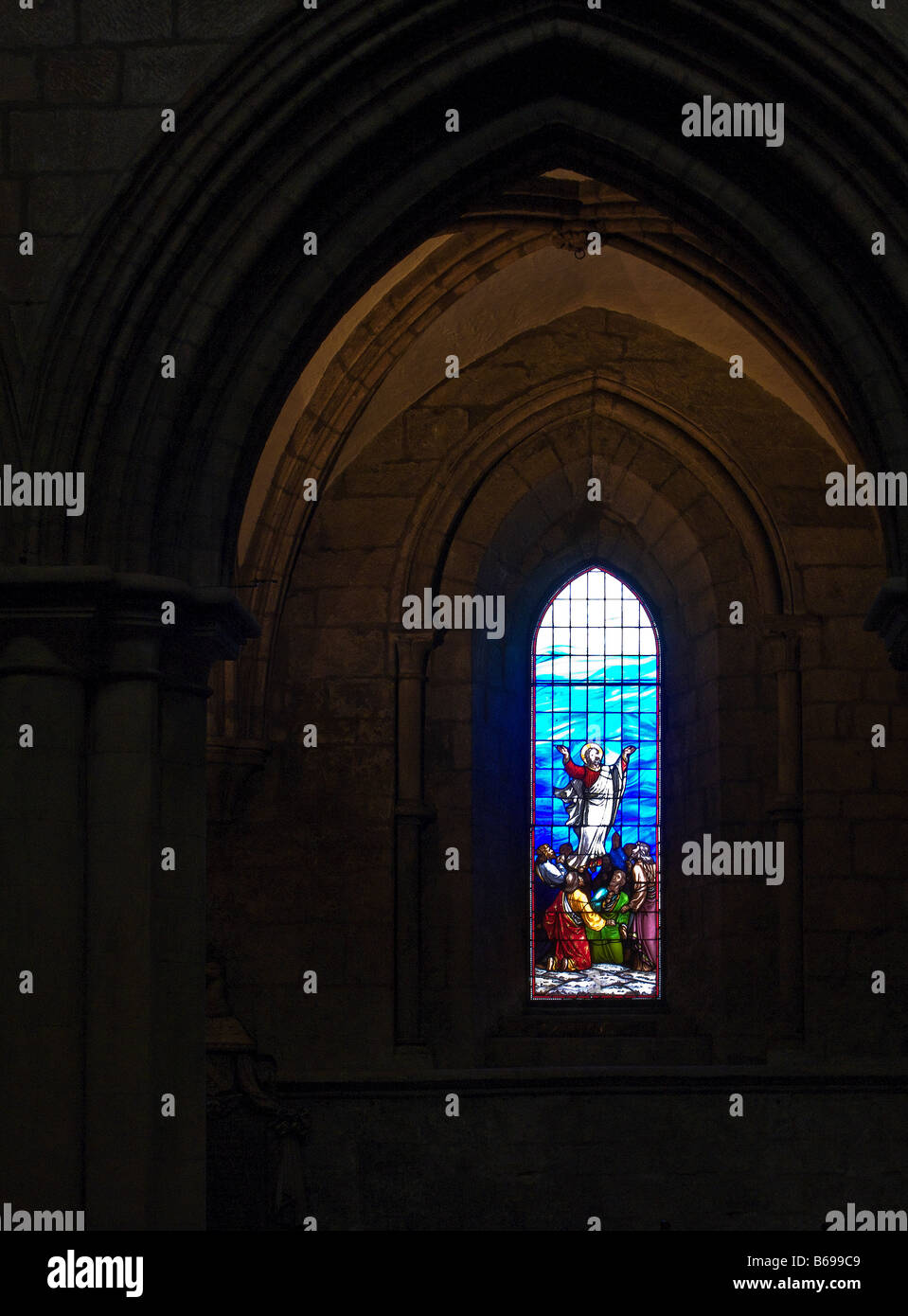 Stained glass window in 13th century alcove of Hexham Abbey Stock Photo ...