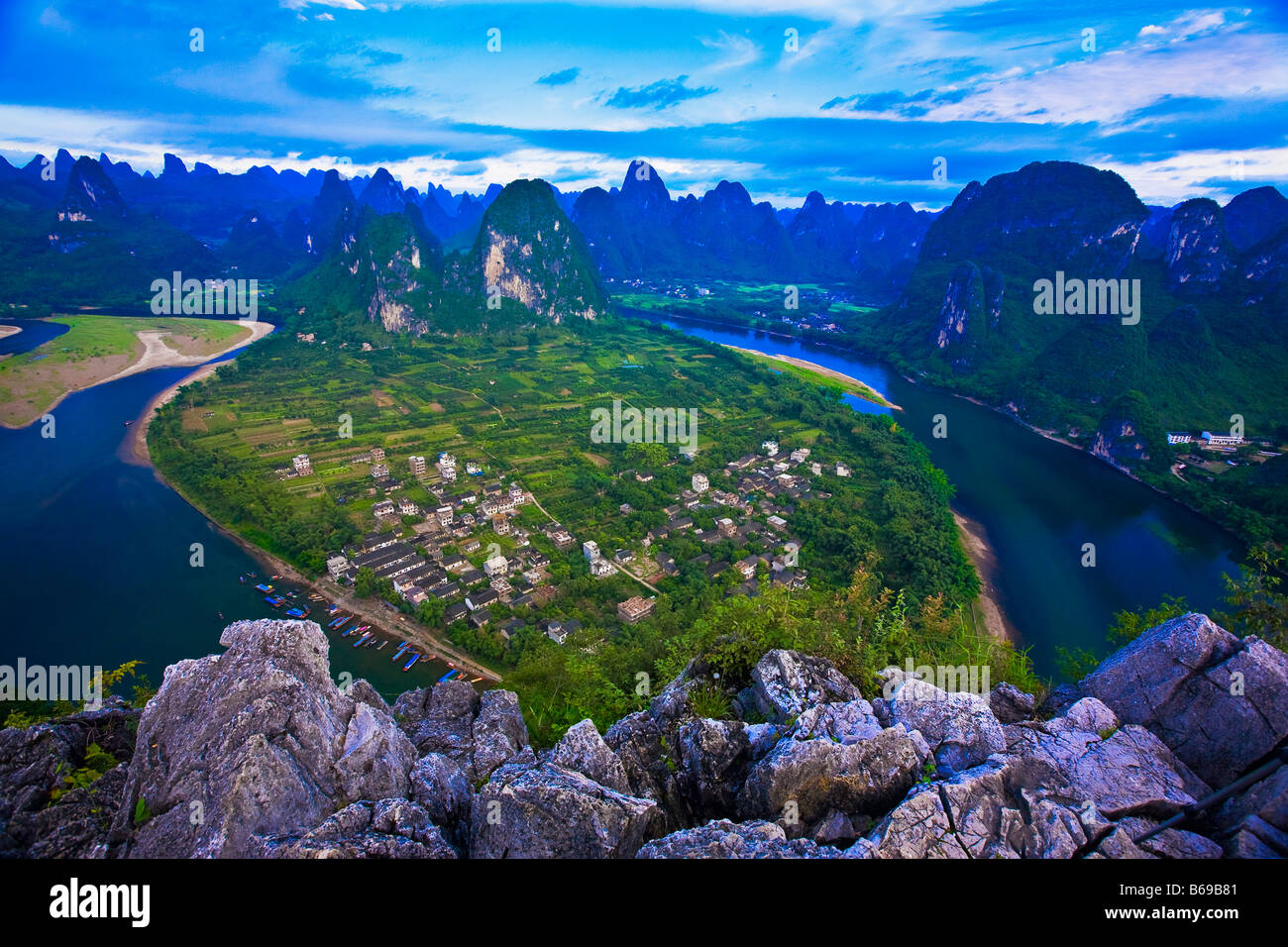 High angle view of a river passing through mountains, Li River ...