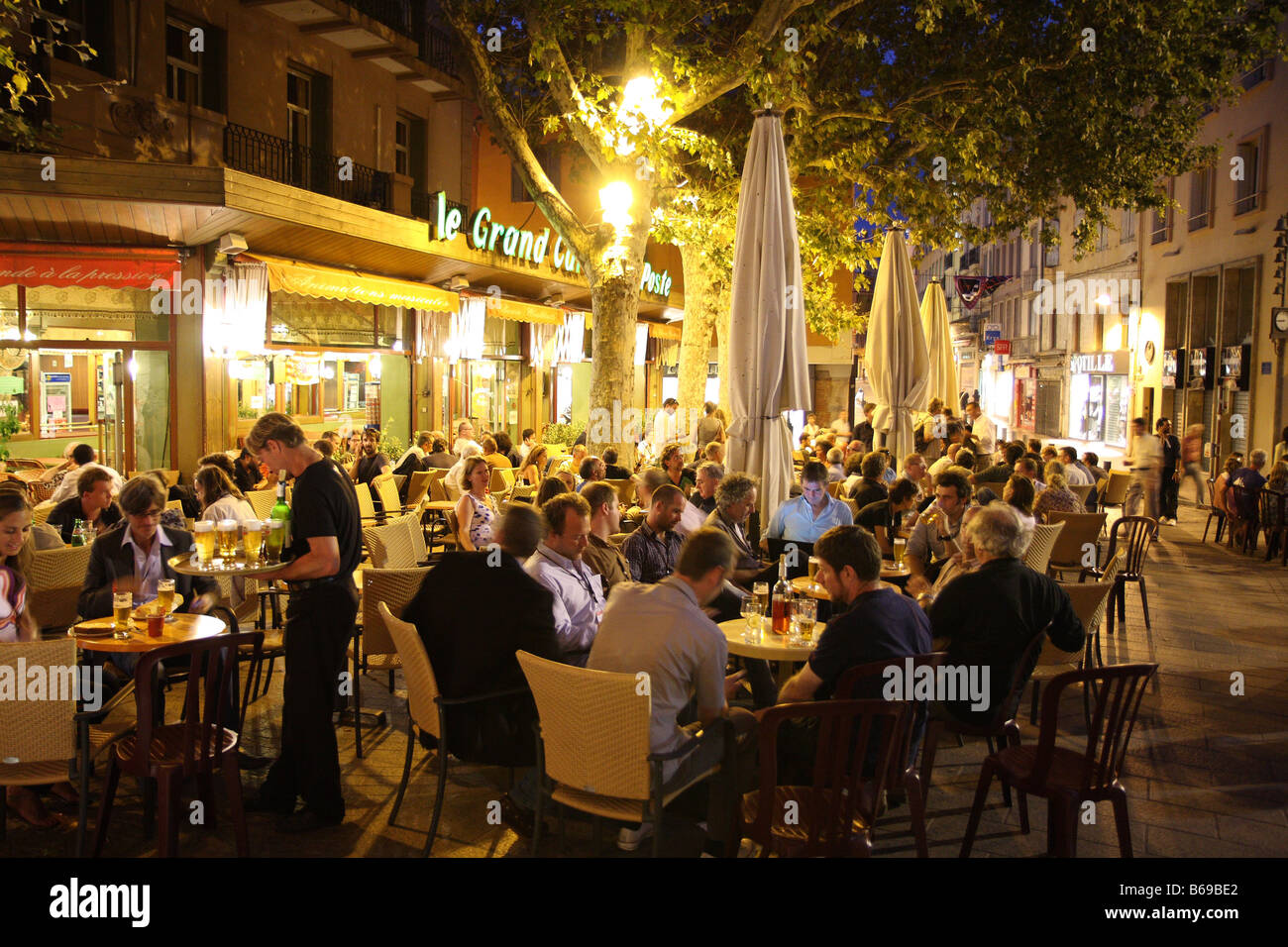 Street cafes in the south of France City Center Perpignan, Europe Stock ...