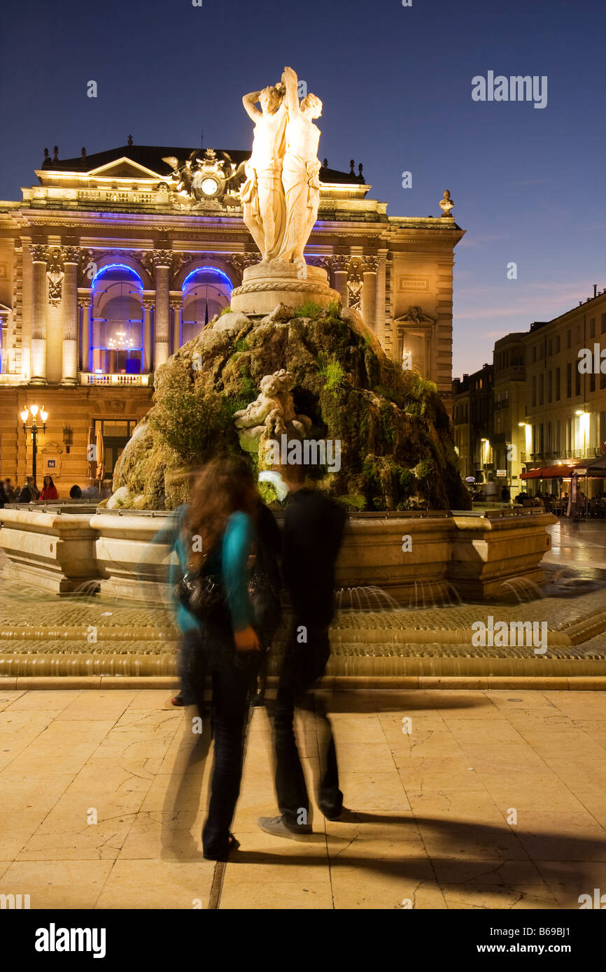 Place de la Comedie with cafes at Montpellier at dusk, France, Europe ...