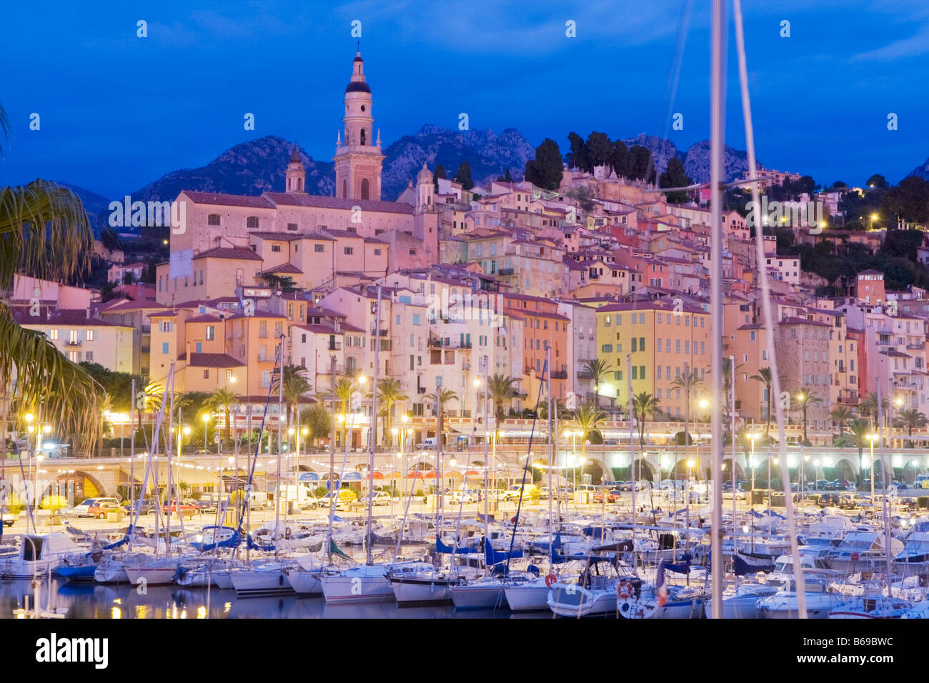 Coastal Vilage Menton with harbour at french Cote d Azur at dusk ...