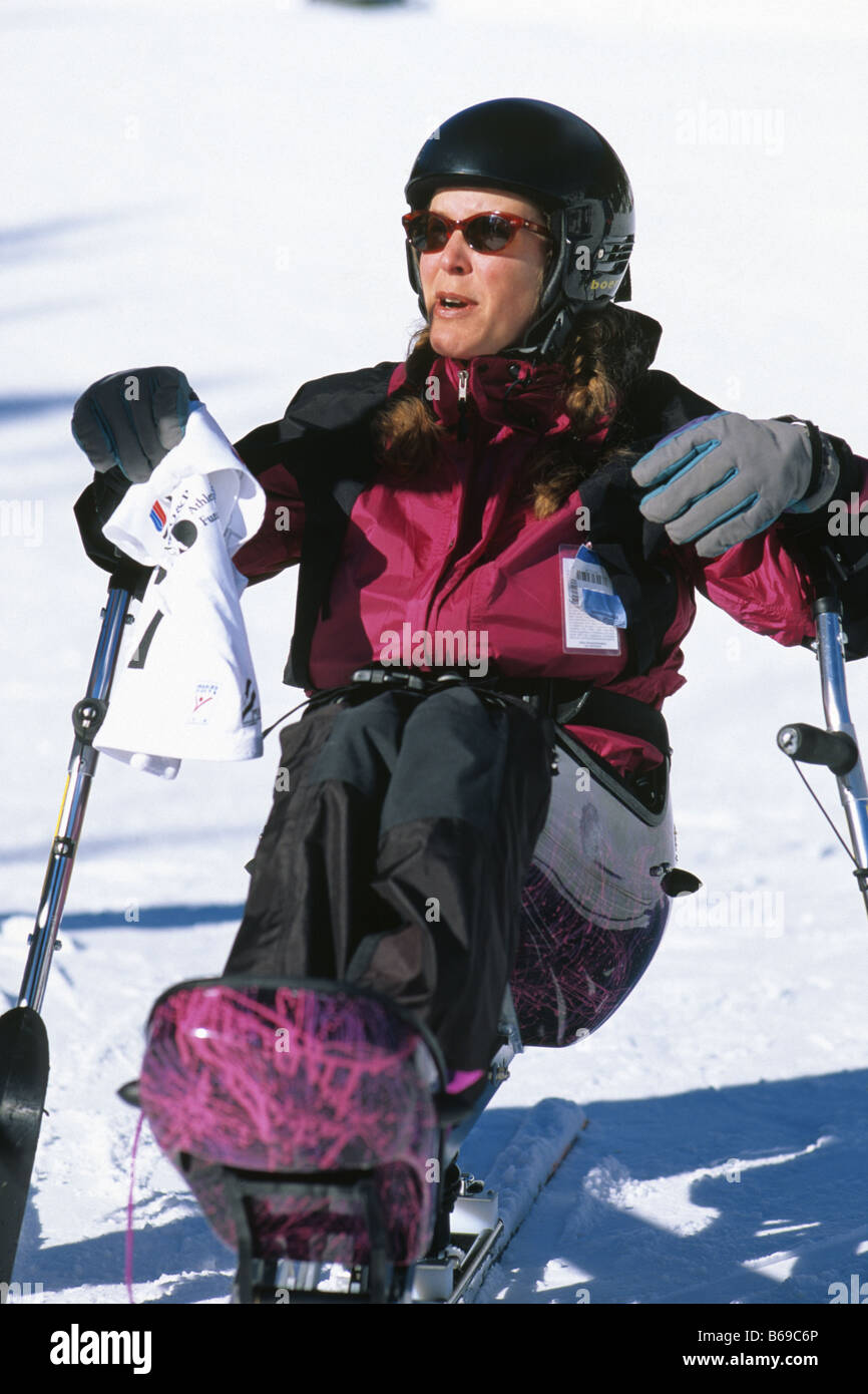 Disabled skier seated in a bi-ski in Red Lodge Montana USA Stock Photo ...