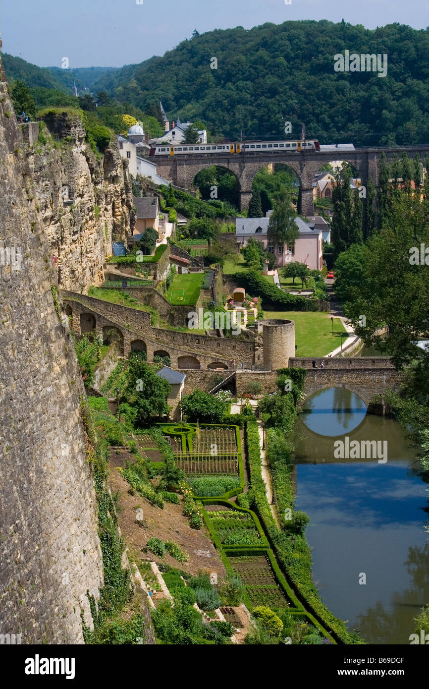 Panoramic view of Alzette river valley in Luxembourg old town Stock ...