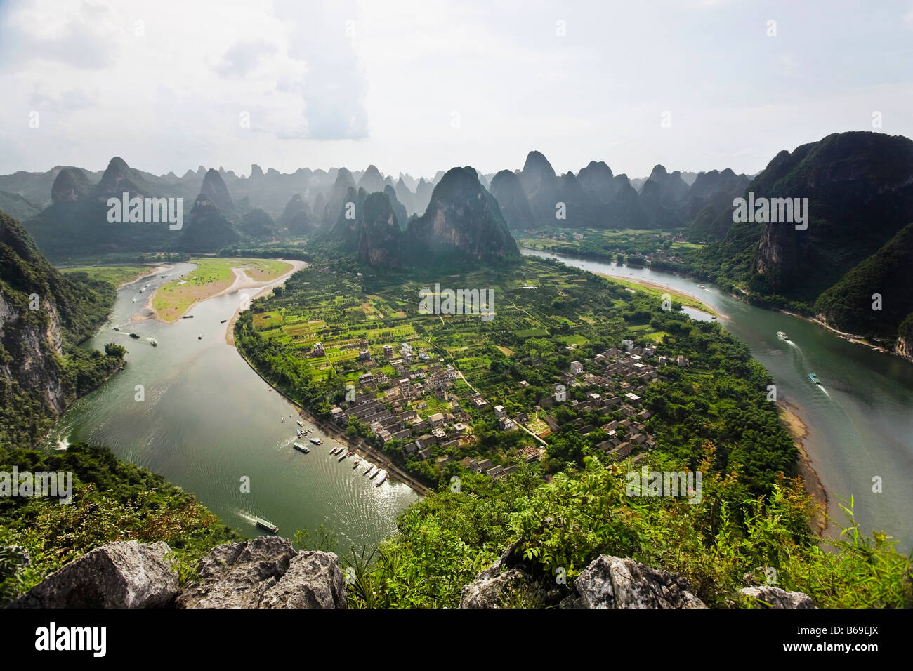 Aerial view of a river, Li River, XingPing, Yangshuo, Guangxi Province ...