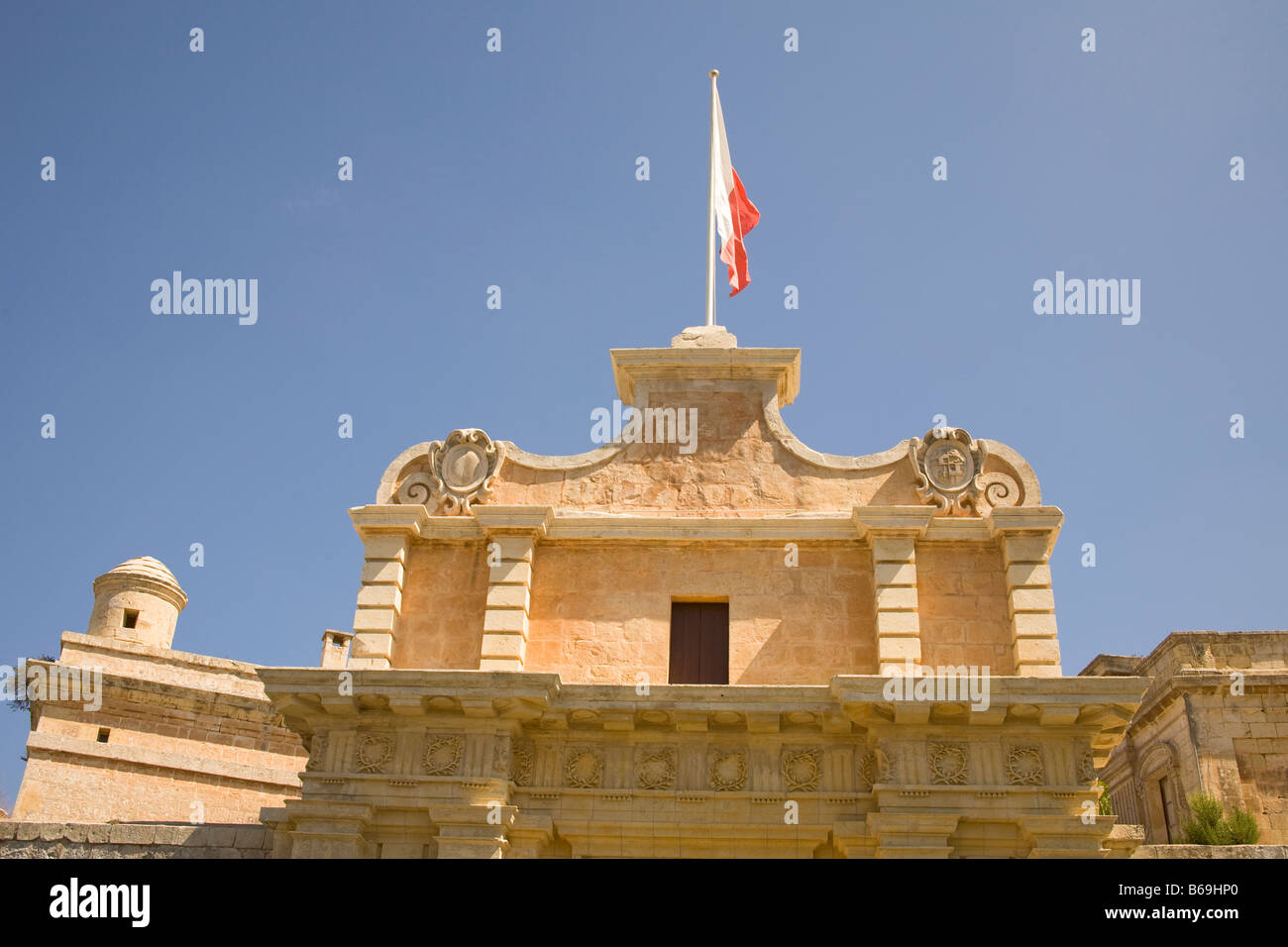 Top of Mdina Gate, also known as Main Gate and Vilhena Gate, at the ...