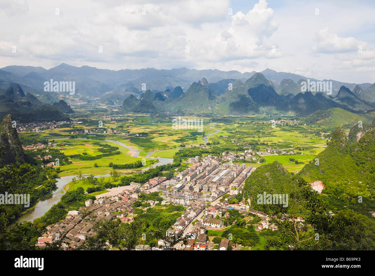 High angle view of a town, Xingping, Yangshuo, Guangxi Province, China ...