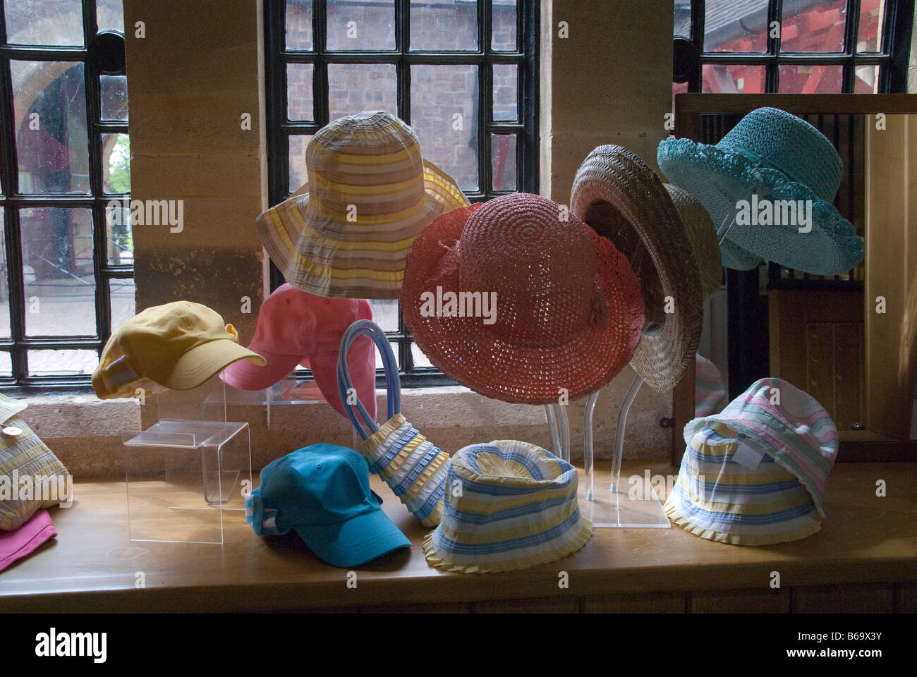 collection, hats, windowshelf, hat, pink, blue, yellow, colour, color ...