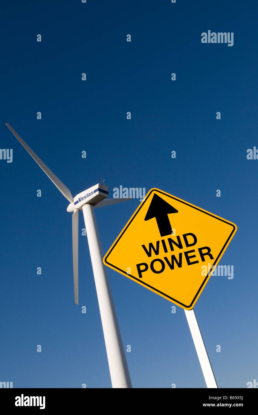 wind power road sign with turbine Stock Photo - Alamy